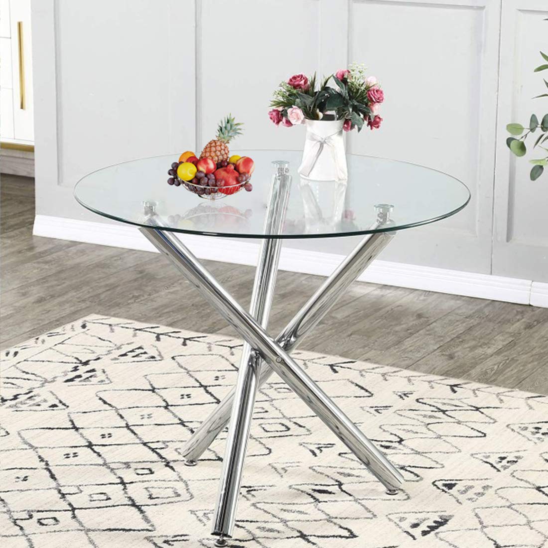 Modern Round Dining Table with Clear Tempered Glass Top, 3 Chrome Legs Kitchen Table for 2 or 4 Person,Round Dining Table Furniture for Home Office Kitchen Dining Room(W 35.4 x L 35.4 x H 29.5 inch)