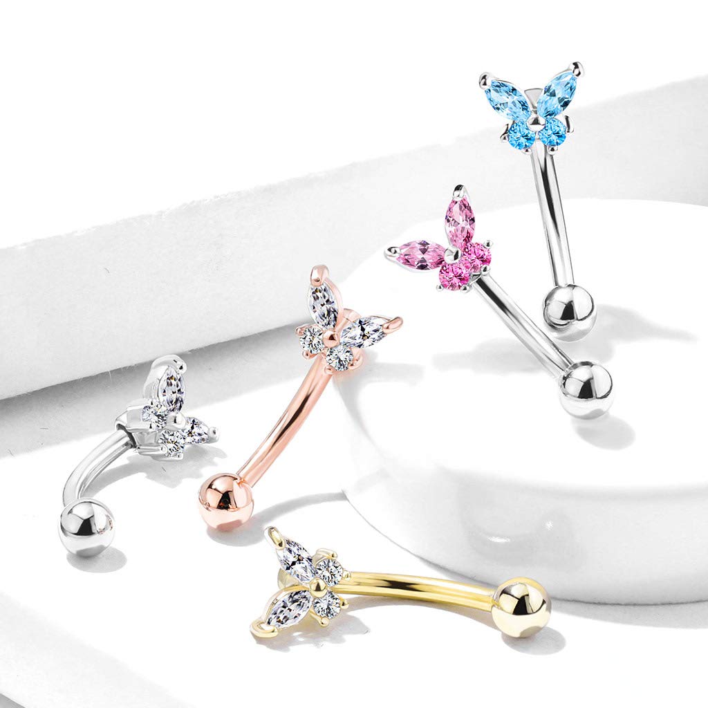 MoBody 16G CZ Jeweled Butterfly Top Curved Eyebrow Barbell Surgical Steel Body Piercing Eyebrow Ring (Clear)