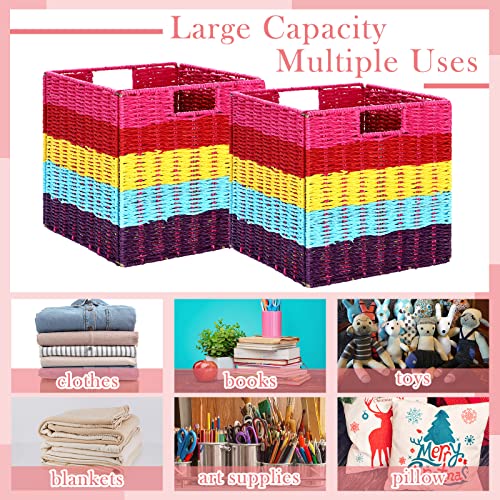Panelee 2 Pcs Wicker Storage Basket Handwoven Wicker Baskets Foldable Cube Storage Bins with Handles, Large Wicker Square Wicker Storage Baskets for Shelves Pantry, Iridescent 11 x 11 Inch