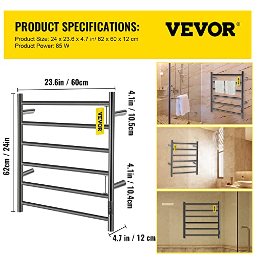 VEVOR Heated Towel Rack, 6-Bar Towel Warmer Rack, Wall Mounted Electric Towel Warmer, Electric Towel Drying Rack with Timer, Matte Black Stainless Steel Heated Towel Warmer for Bath, Plug-in/Hardwired