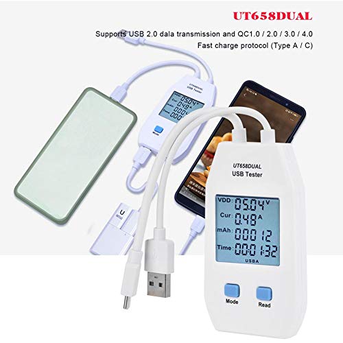 USB Detector Digital Portable Voltmeter Ammeter Power Capacity Tester Voltage Current Meter (UT658 Dual White)