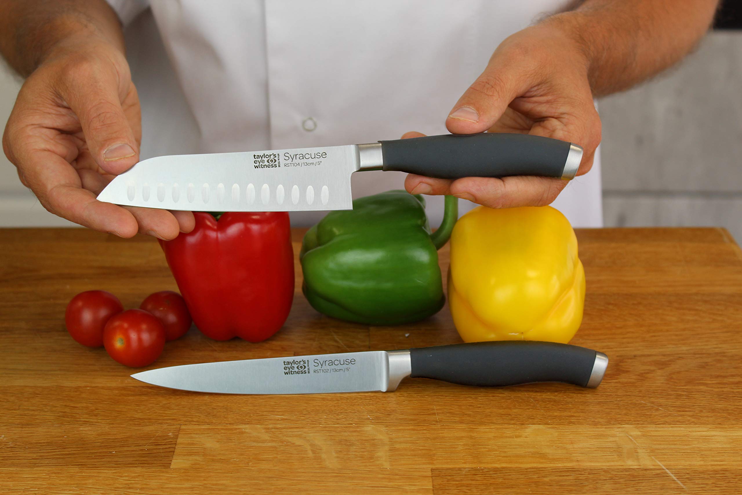 Taylors Eye Witness Syracuse Asian Kitchen Knife Set - Chefs Santoku 13cm/5β & Cooks All Purpose 13cm/5β Cutting Edge, Multi Use. Ultra Fine, Razor Sharp Blade. Soft Textured Grip Matte Black Handle.