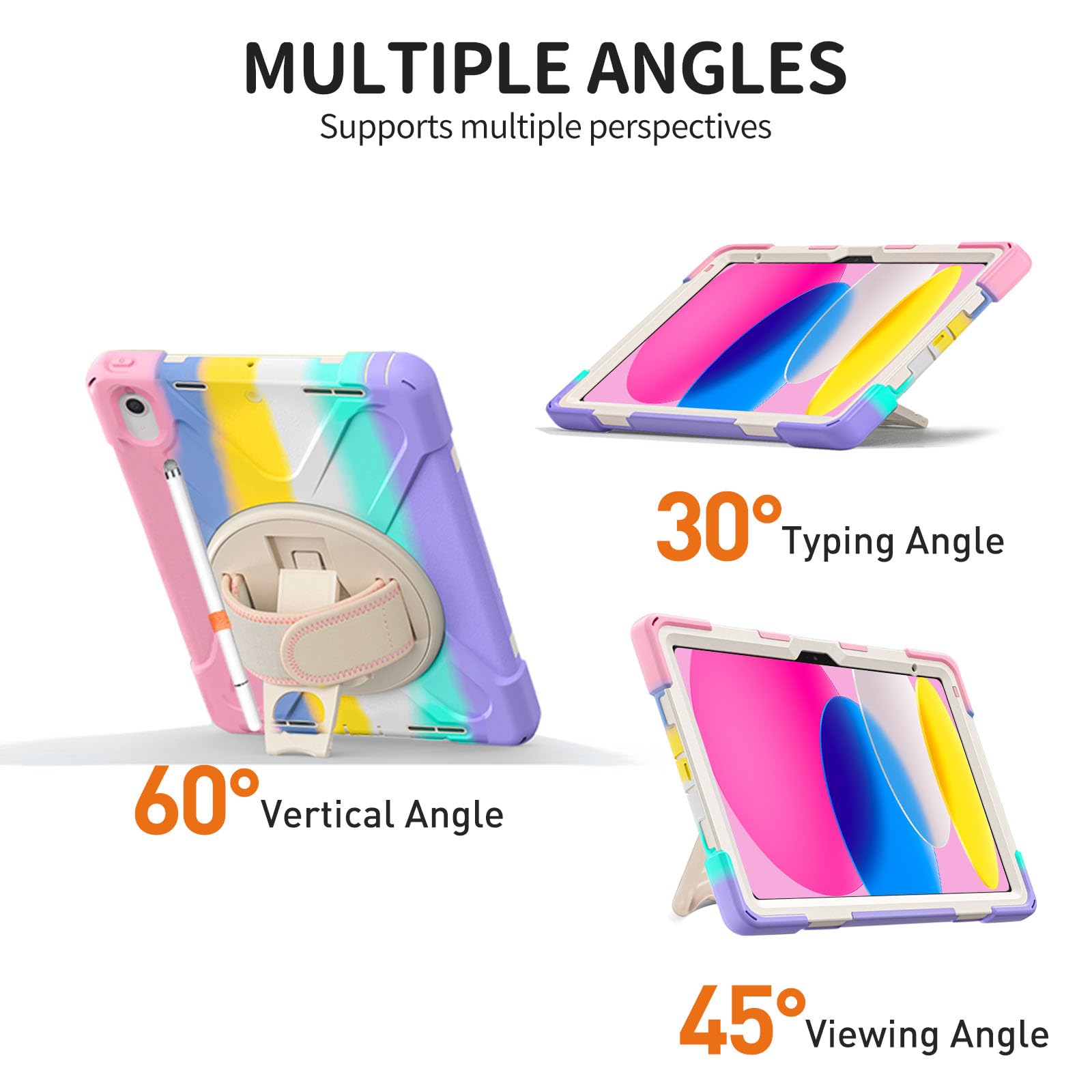 Weuiean Case for iPad 10th Generation 10.9β with Stylus, Military Grade Heavy Duty Shockproof Cover -Pencil Holder -Rotating Stand -Hand/Shoulder Strap - Colorful Pink