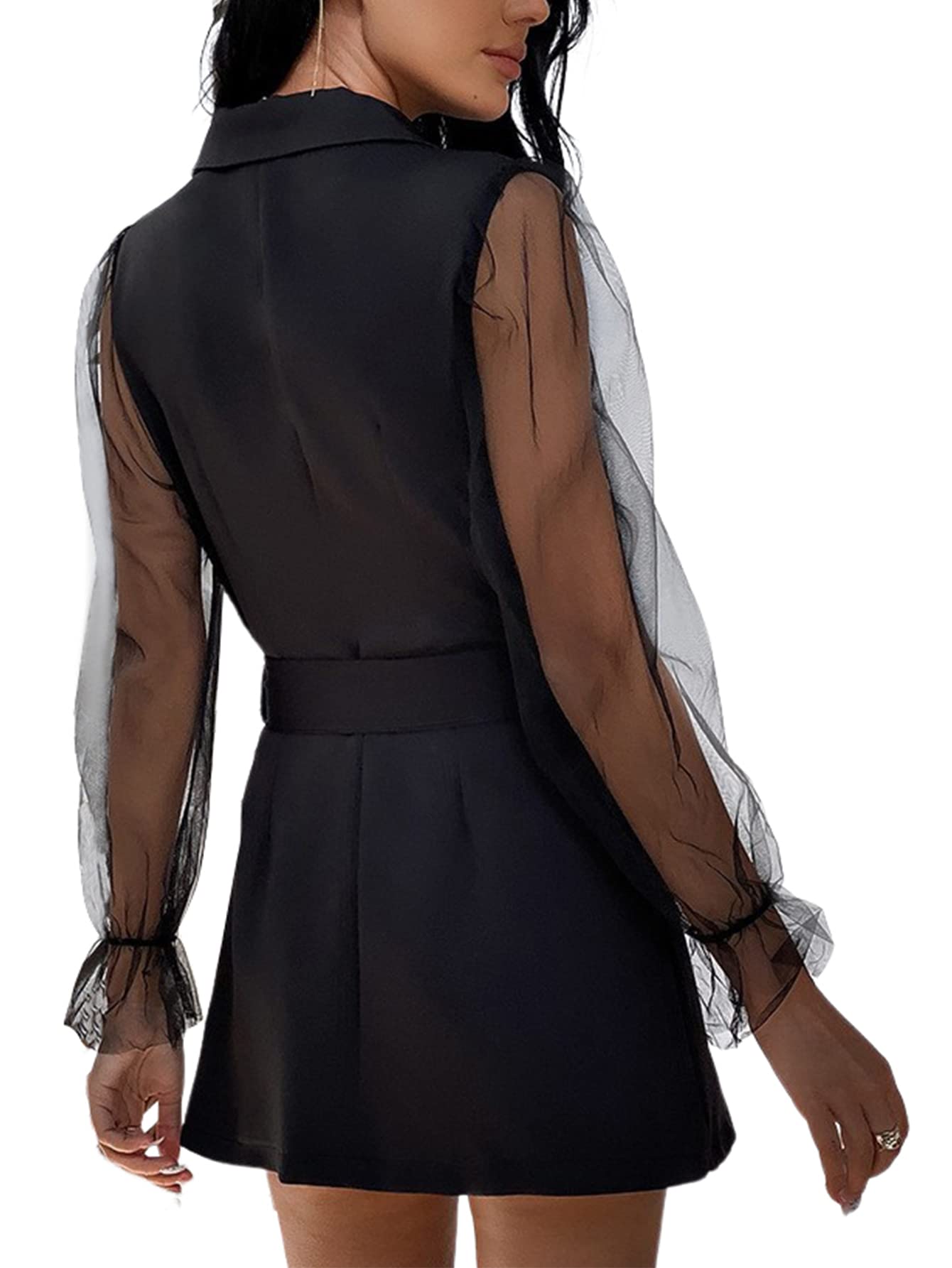 LYANER Women's Elegant Collar V Neck Lace Long Sleeve Blazer Mini dress with Belt Pure Black Small
