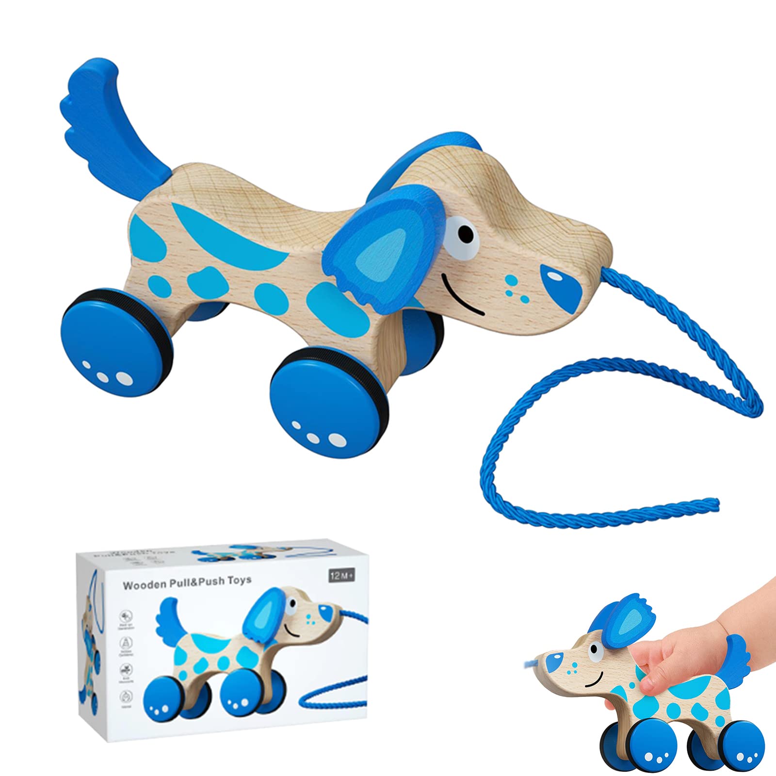 Wooden Push Pull Dog Toys Pull Toys for Toddlers 1-3 Baby Pull Toy Stand and Roll Toys Push Along String Dog Toys