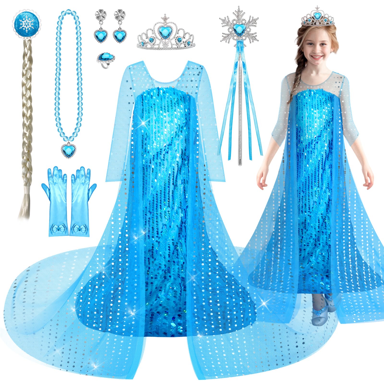 Luucio Frozen Costume for Girls, Princess Costume For Girls, Crown Accessories For Girls 3-10 Years, Halloween Role Play Kit