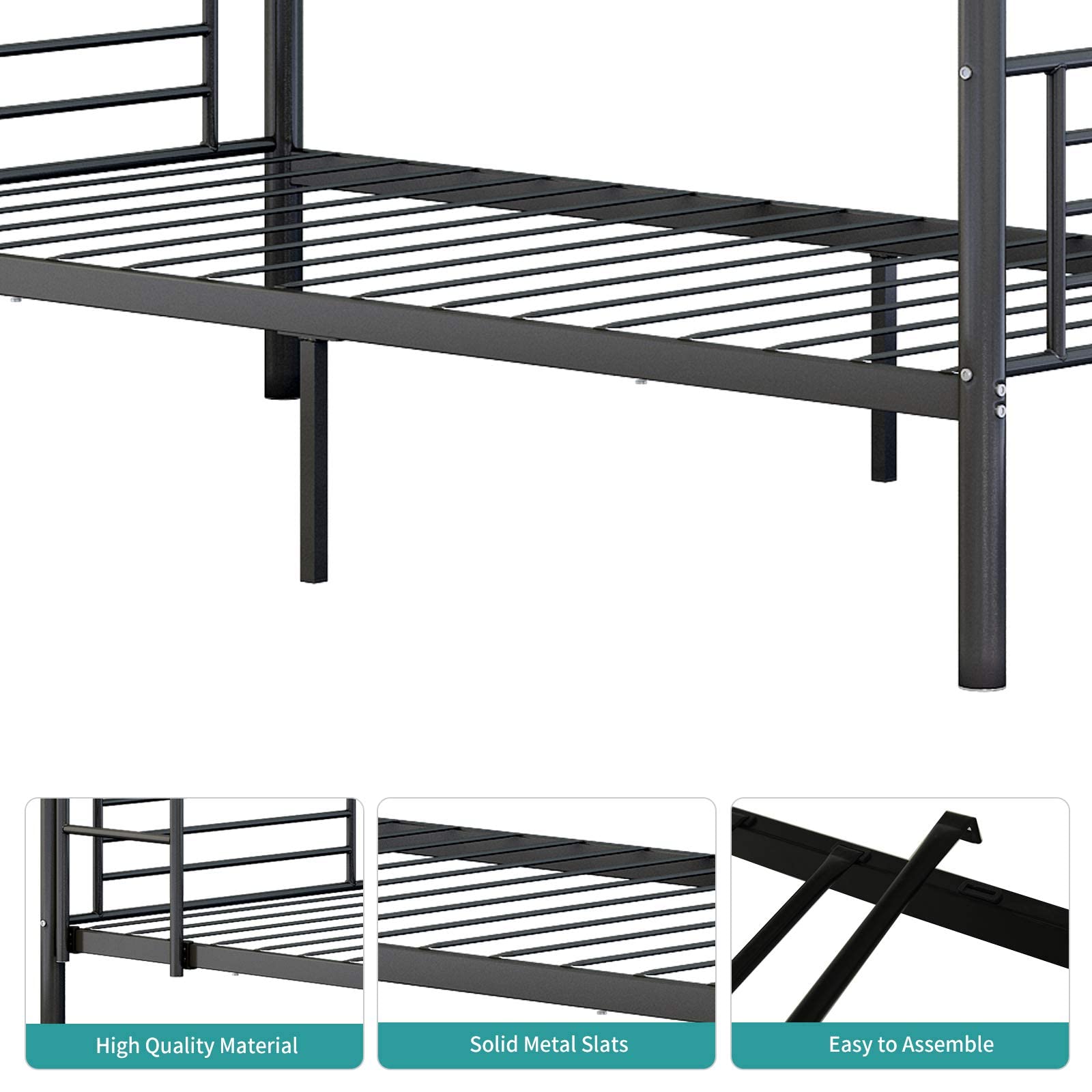 Lumelay Bunk Bed Twin Over Twin, Heavy Duty Twin Size Metal Bunk Bed Frame with Guardrail & Ladders, Space-Saving, Noise Free, No Box Spring Needed (Black)