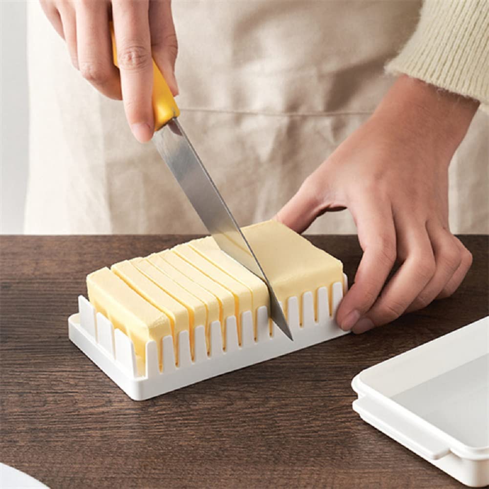 Quantitative Cutting Butter Dish, Plastic Butter Dish With Dividable Lid, Butter Airtight Preservation Container Box,Keeper Container for Freezer Countertop Butter Storage and Accurate Cutting (White)