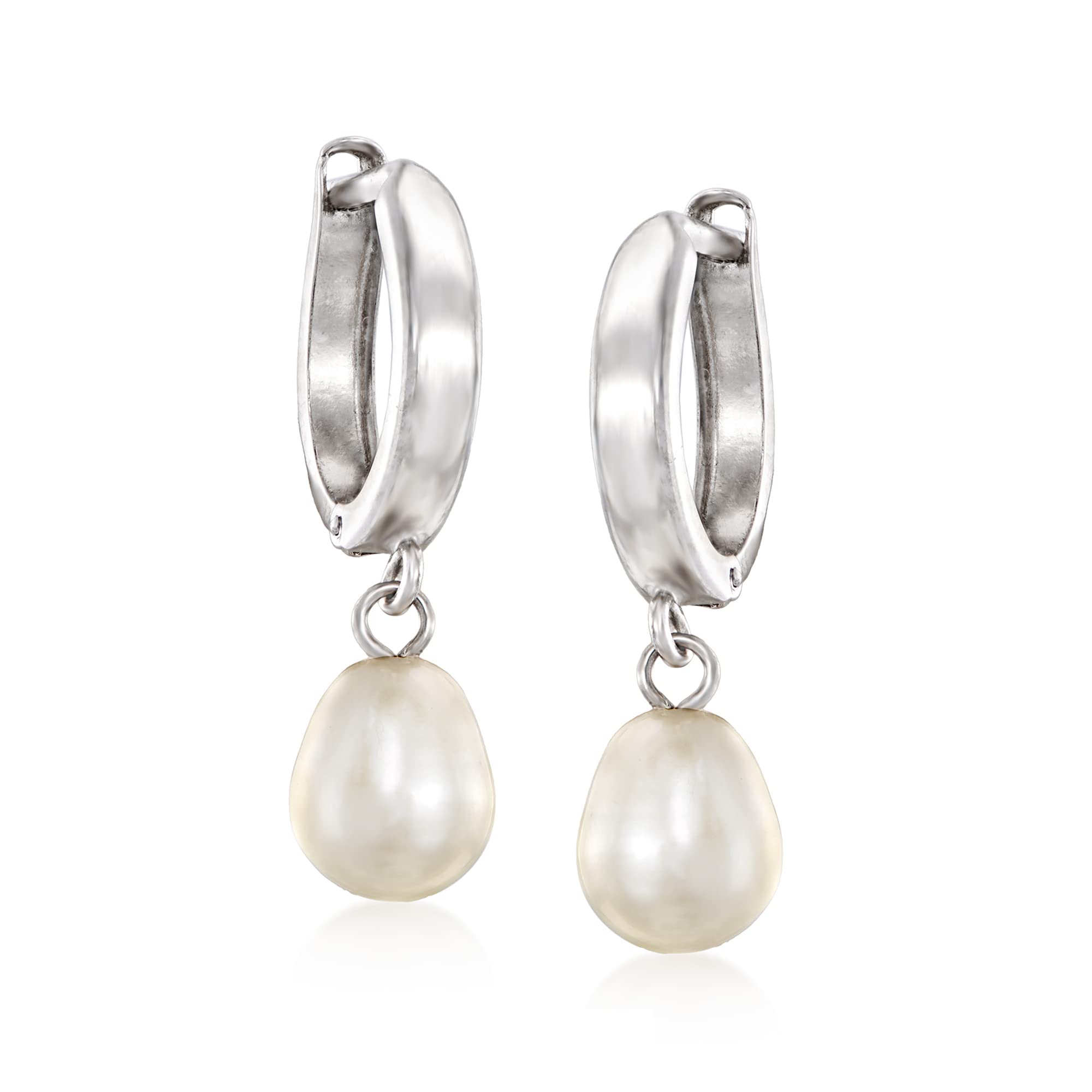 Ross-Simons 5-6mm Cultured Pearl Hoop Drop Earrings in 14kt White Gold