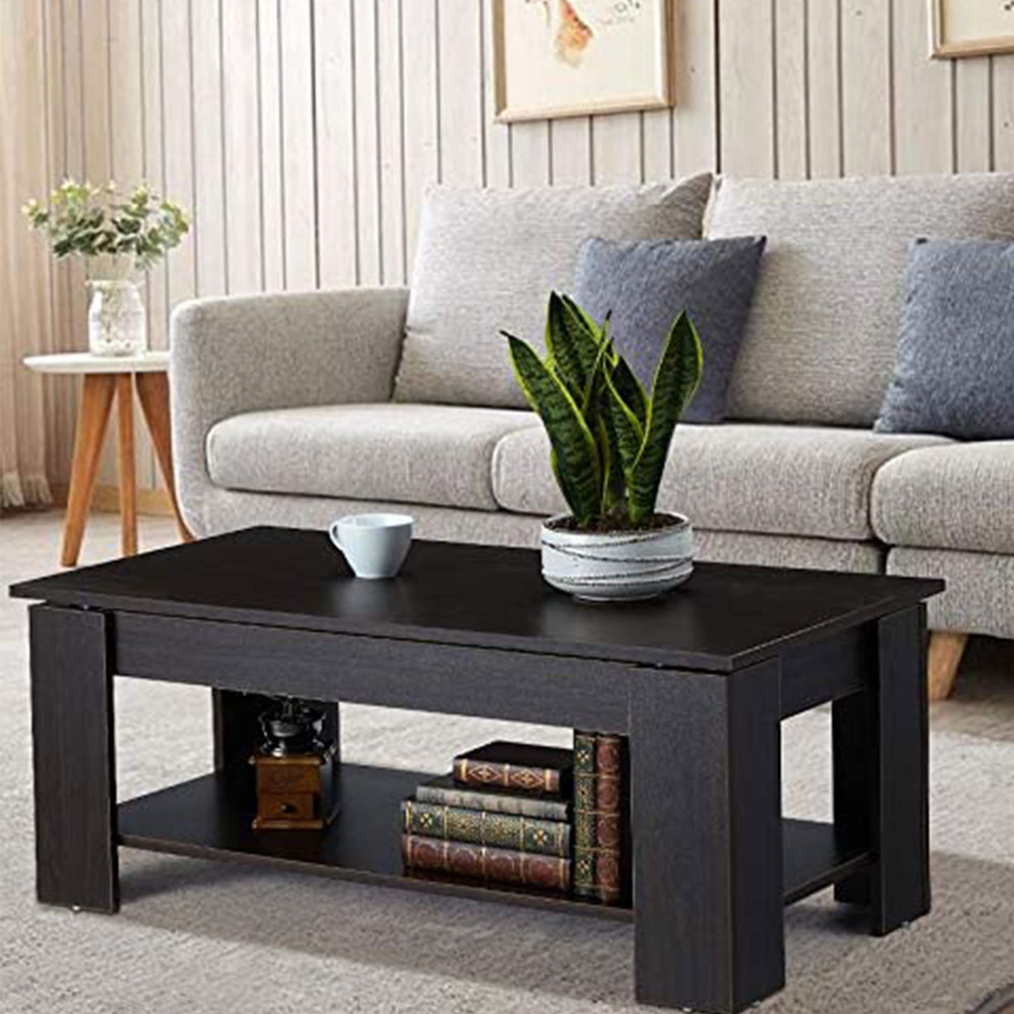 MELLCOM Lift Top Coffee Table,Rustic Coffee Table Lift Tabletop with Hidden Compartment,Pop-Up Storage Cocktail Table with Adjustable Steel Frame, Dining Table for Living Room, Wood/Dark Brown