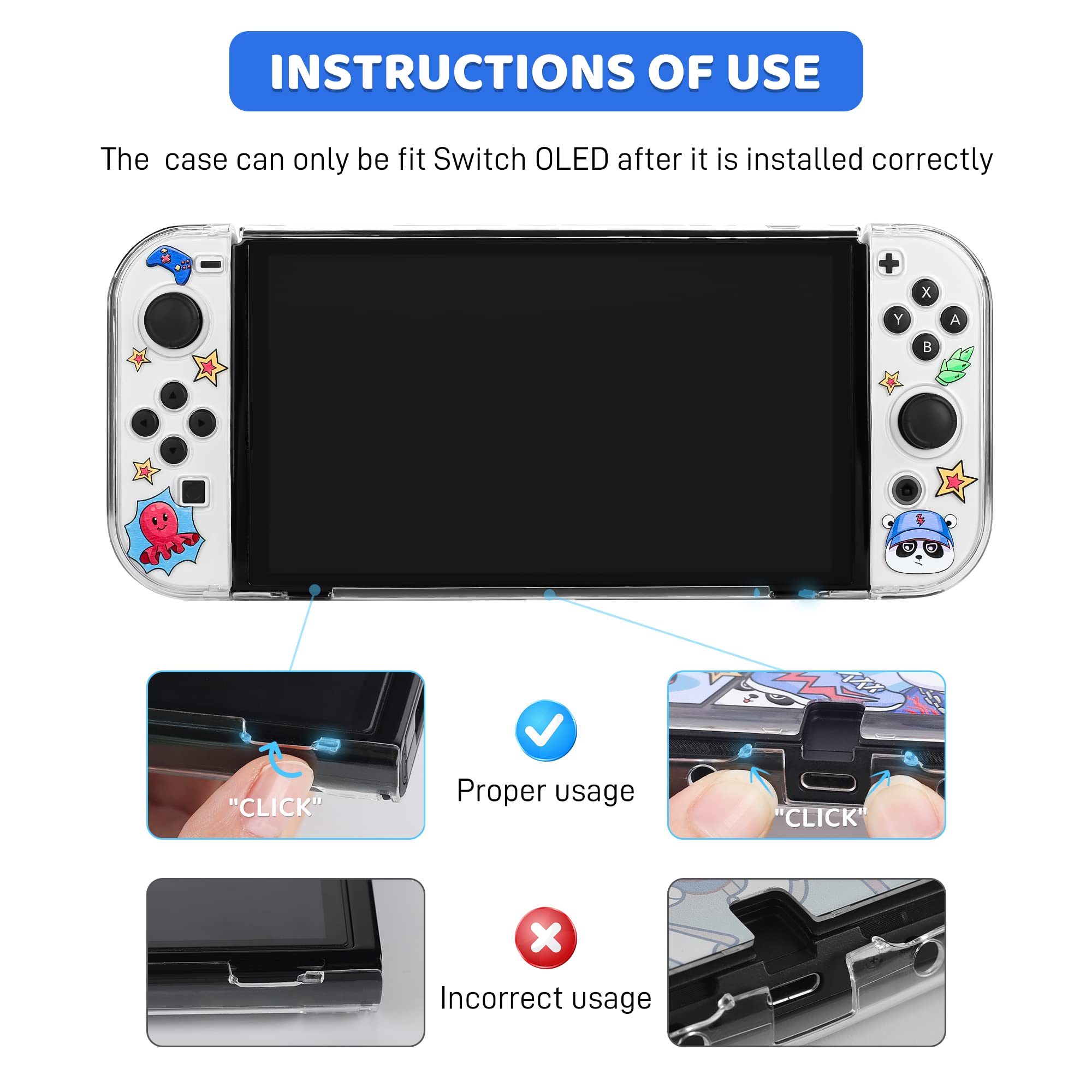 Protective Case for Nintendo Switch OLED, FANPL Cover with Punk Panda Pattern Compatible with Switch OLED Console & Joycon, Hard PC Shell with Ergonomics Joycon Grip Case, Dockable Skin for Boy & Girl
