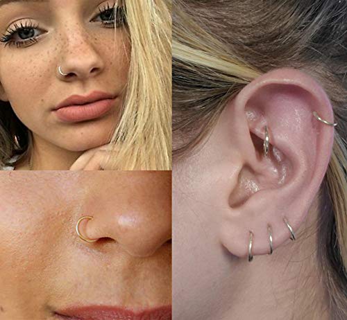 MODRSA 18G Nose Rings Hoop Surgical Steel Nose Rings Studs Screw L-Shaped Nose Stud Tragus Cartilage Helix Earrings Hoop 28pcs Nose Piercing Jewelry Set (32pcs - silver kit)