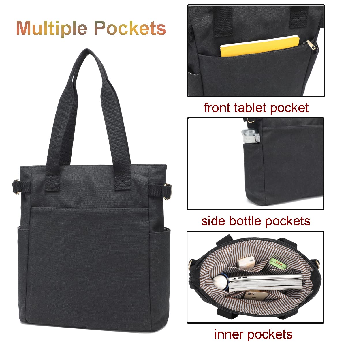 Womens Work Tote Bag with Pockets Top Handle Lightweight Shoulder Handbag Satchel, Medium Size, Black