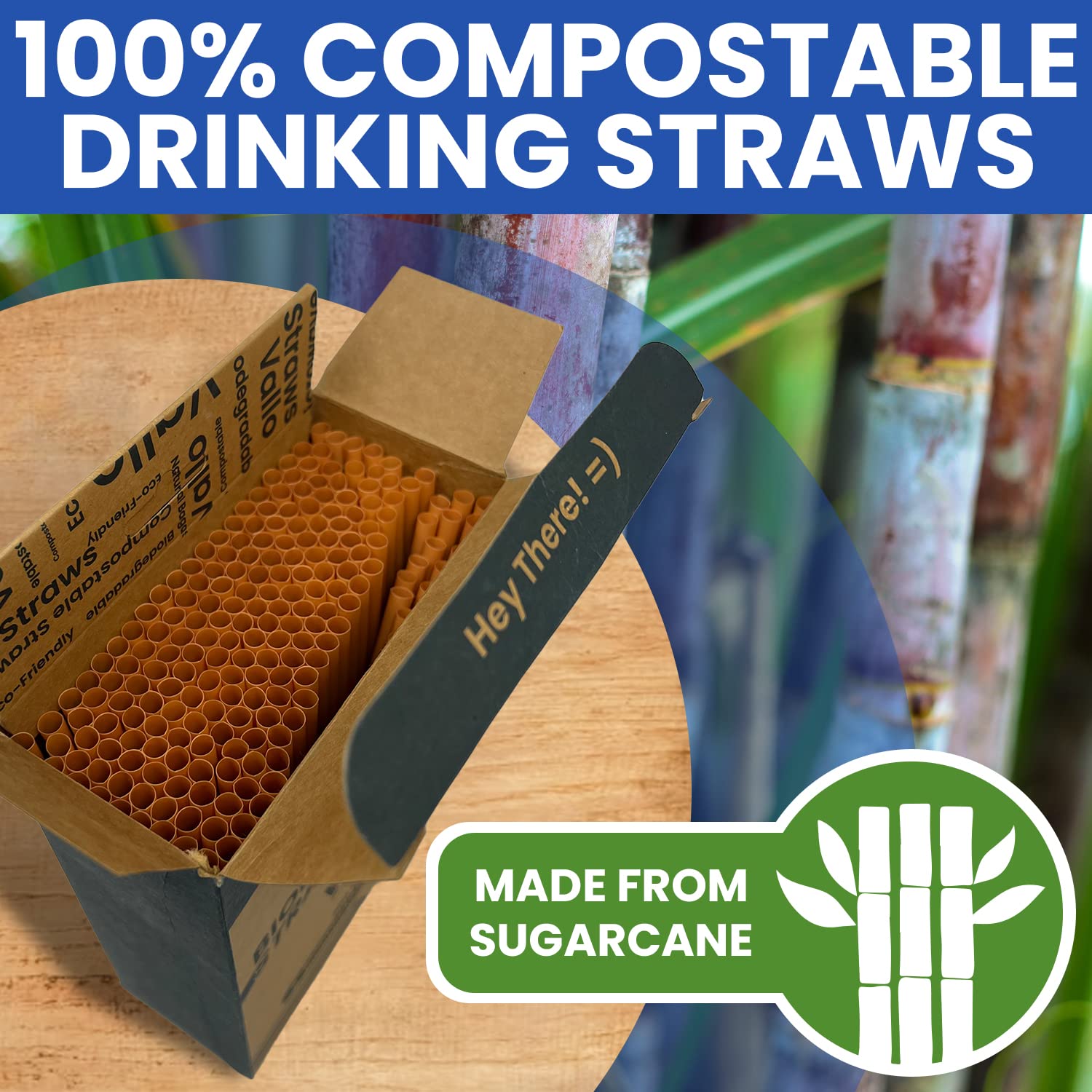 Vallo Compostable Drinking Straws - 100% Biodegradable, Recyclable, Non-Soggy, Suitable for Hot and Cold Drinks, Eco-friendly Sugarcane Material, NOT Paper, 8" Standard Size - 100 Count