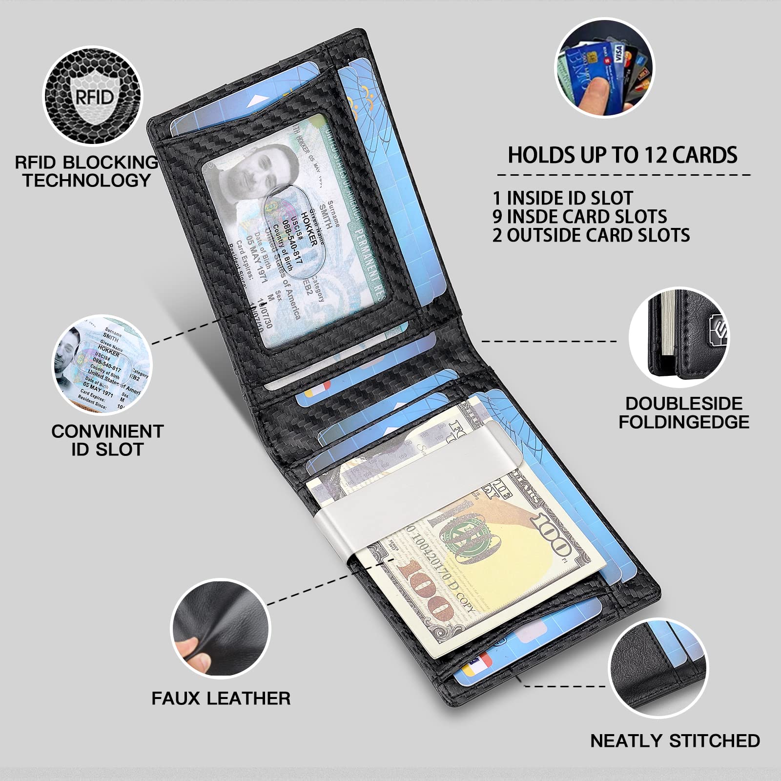 SHOUCANGAR Slim Wallet for Men,12 Card Slots Leather Carbon Fiber Wallet RFID Blocking Bifold Credit Card Holder With Gift Box