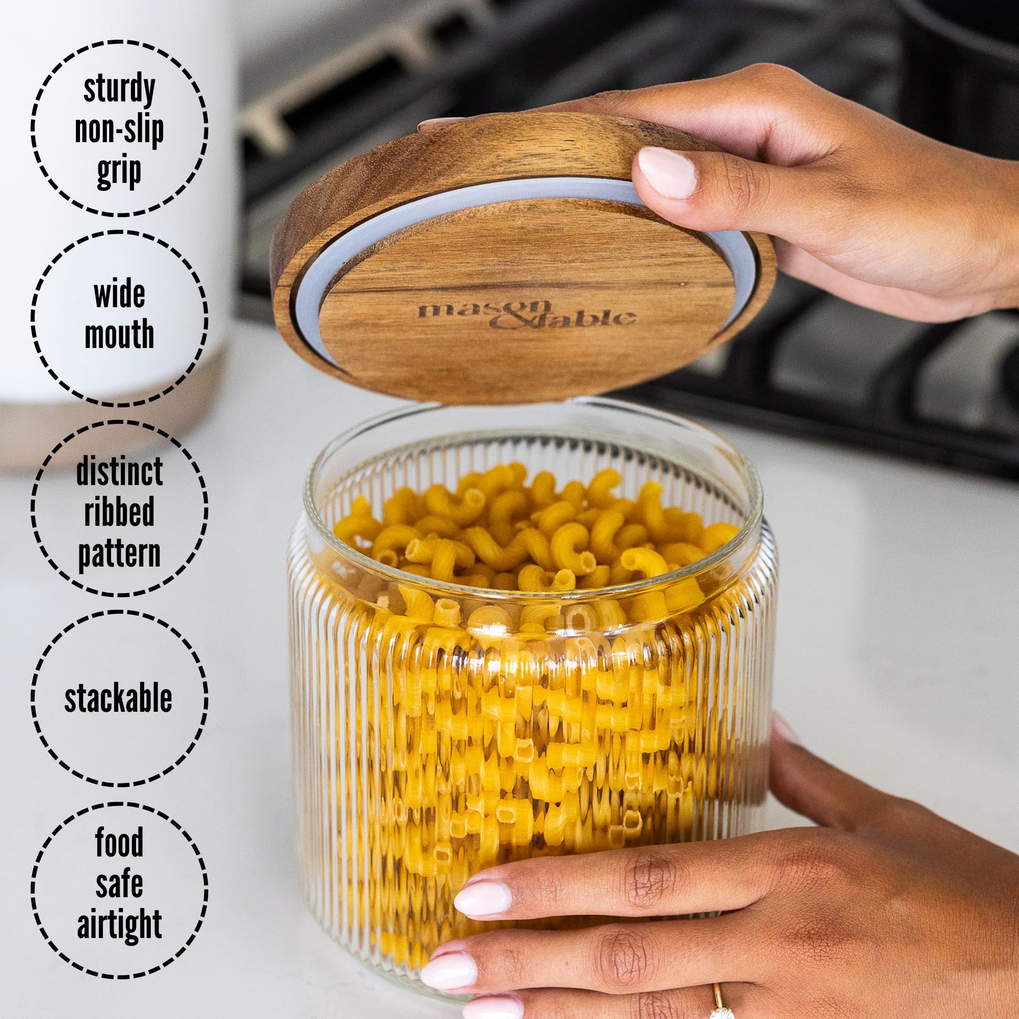 Mason & Fable 12 fl oz, 350ml Glass Food Storage Jars with Wood Lids (6pcs) - Stylish Ribbed Pattern for Kitchen Organization and Storage Containers for Spice, Tea, Coffee/Sugar