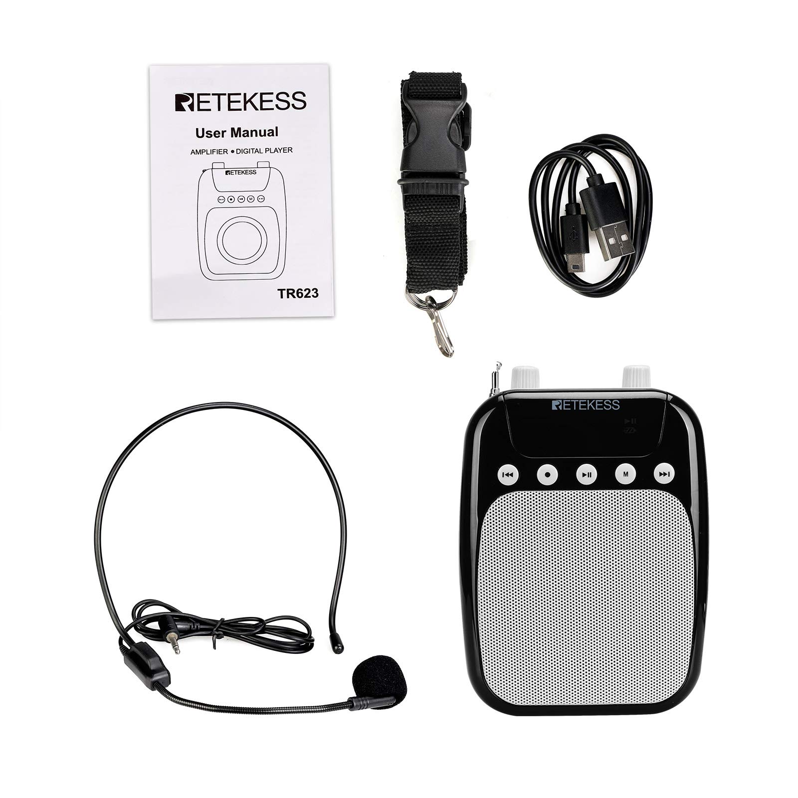 Retekess TR623 Voice Amplifier Microphone Headset, Portable PA System Speaker, Portable Voice Amplifier with Recording, AUX, FM Radio for Teachers, Singing, Coaches, Training, Tour Guide