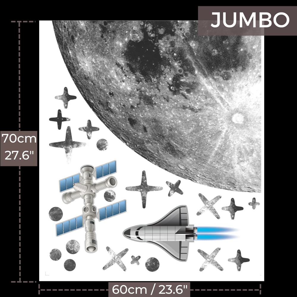 Wonder Space Outer Space Jumbo Moon Wall Decals - Large Peel and Stick Boys Nursery Room Wall Stickers - Universe Galaxy Spacecraft Spaceship Explorer Astronaut Stars Meteors Meteorites Satellite