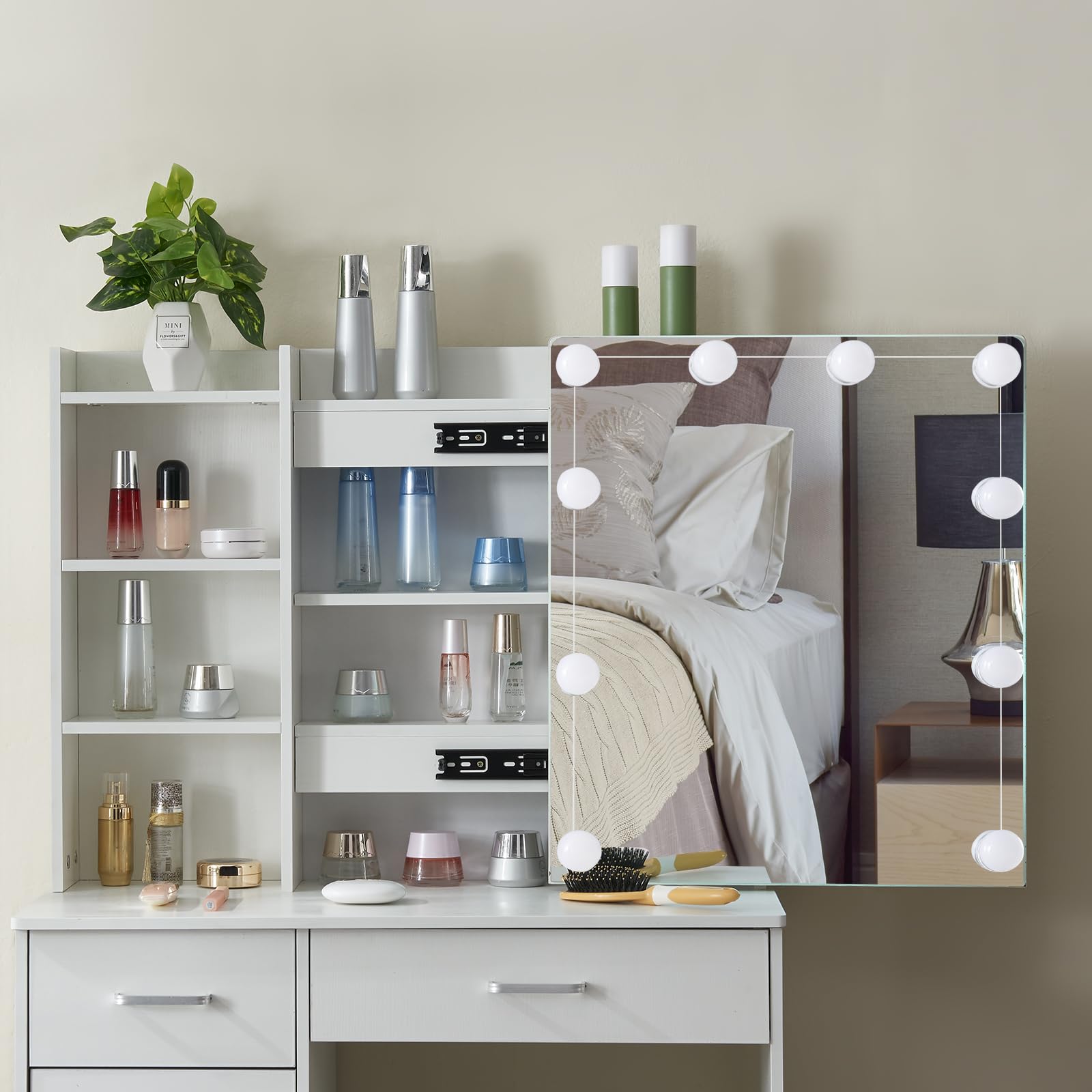 Large 35.4inch(L) Girls Vanity Desk with Lighted Mirror and Cushioned Stool, Makeup Vanity with 6 Storage Shelves, Drawers and Large Cabinet, 3 Lighting Modes Vanity Set for Bedroom