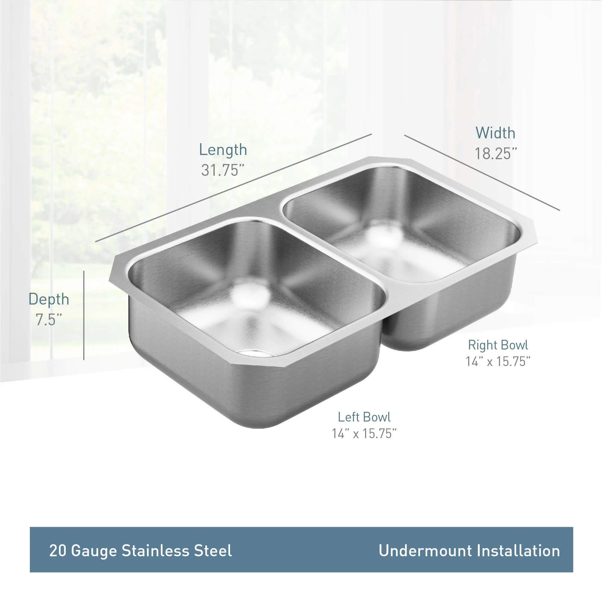 Moen GS20210 2000 Series 31.75-inch 20 Gauge Undermount Double Bowl Stainless Steel Kitchen Sink