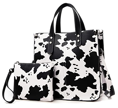 Shoulder Bag for Women Zebra Print Cows Deer Pattern PU Tote Purse Satchel Handbag Matching Clutch (Cows print),Black and White