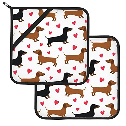 Romantic Dachshunds Set of 2 Square Insulated Pot Holders, Kitchen Baking, Pot Holders Sets, One with Pocket and One Without Pocket