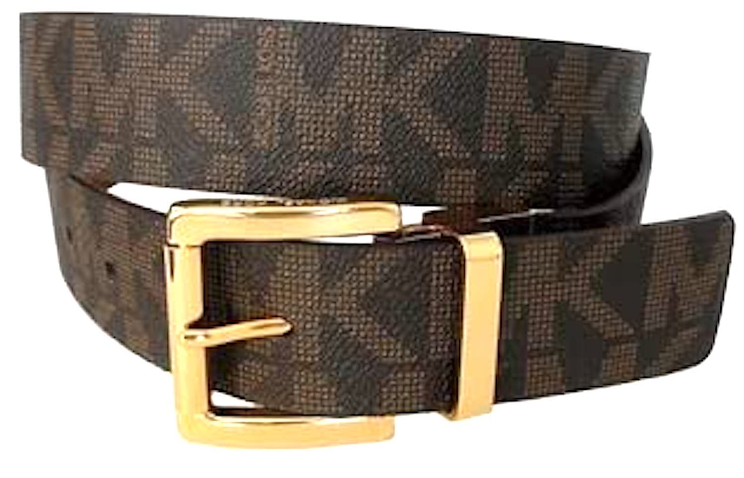 Michael Kors Mk Signature Monogram Logo Gold Buckle Belt Brown Size Large