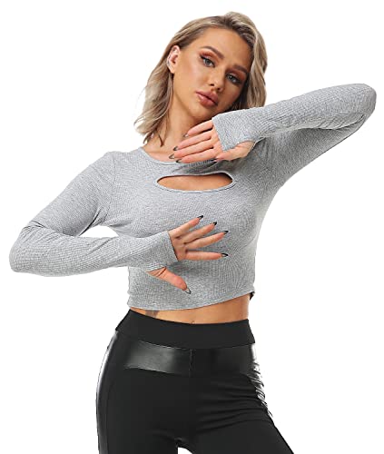STARBILD Women Seamless Long Sleeve Yoga Crop Top Thumb Hole Compression Workout Activewear Shirts #2 Ribbed Seam Light Grey Medium