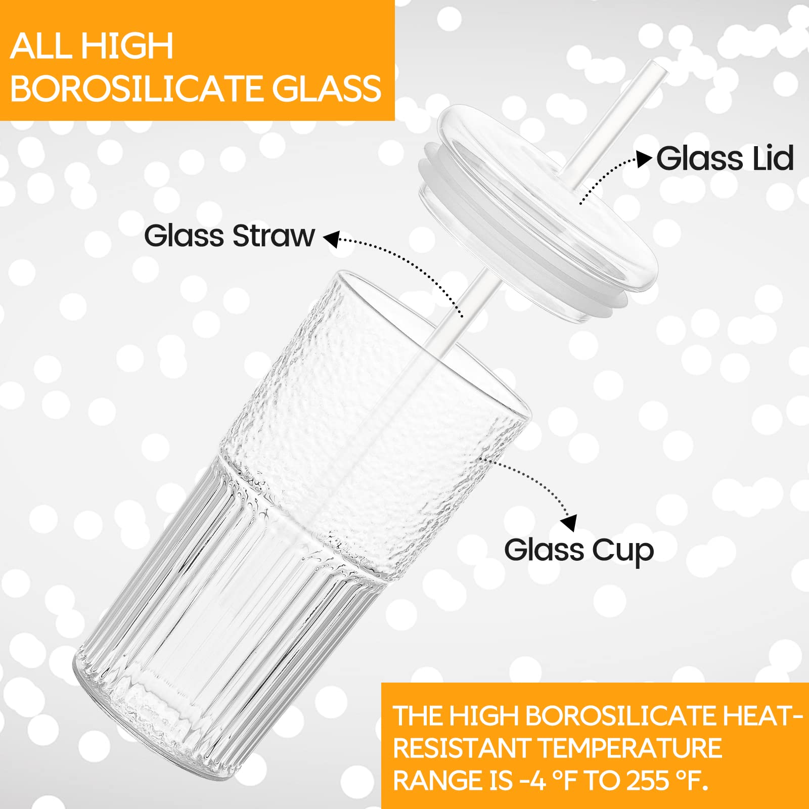QWEZXO Glass Cups With Lids and Glass Straws,20 OZ High Borosilicate Glass Tumbler Iced Coffee Water Smoothie…