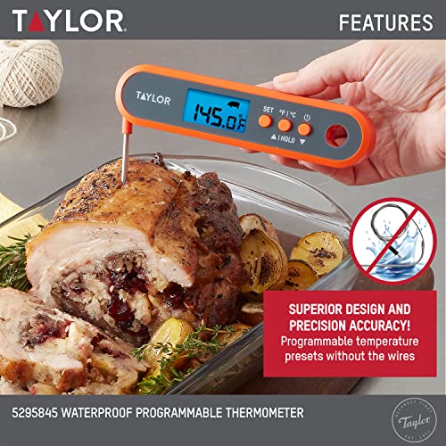 Taylor Digital Waterproof Food Meat and Candy Thermometer, with a Folding Probe, programmable presets, Backlit Display, andIncludes 2 AAA Batteries