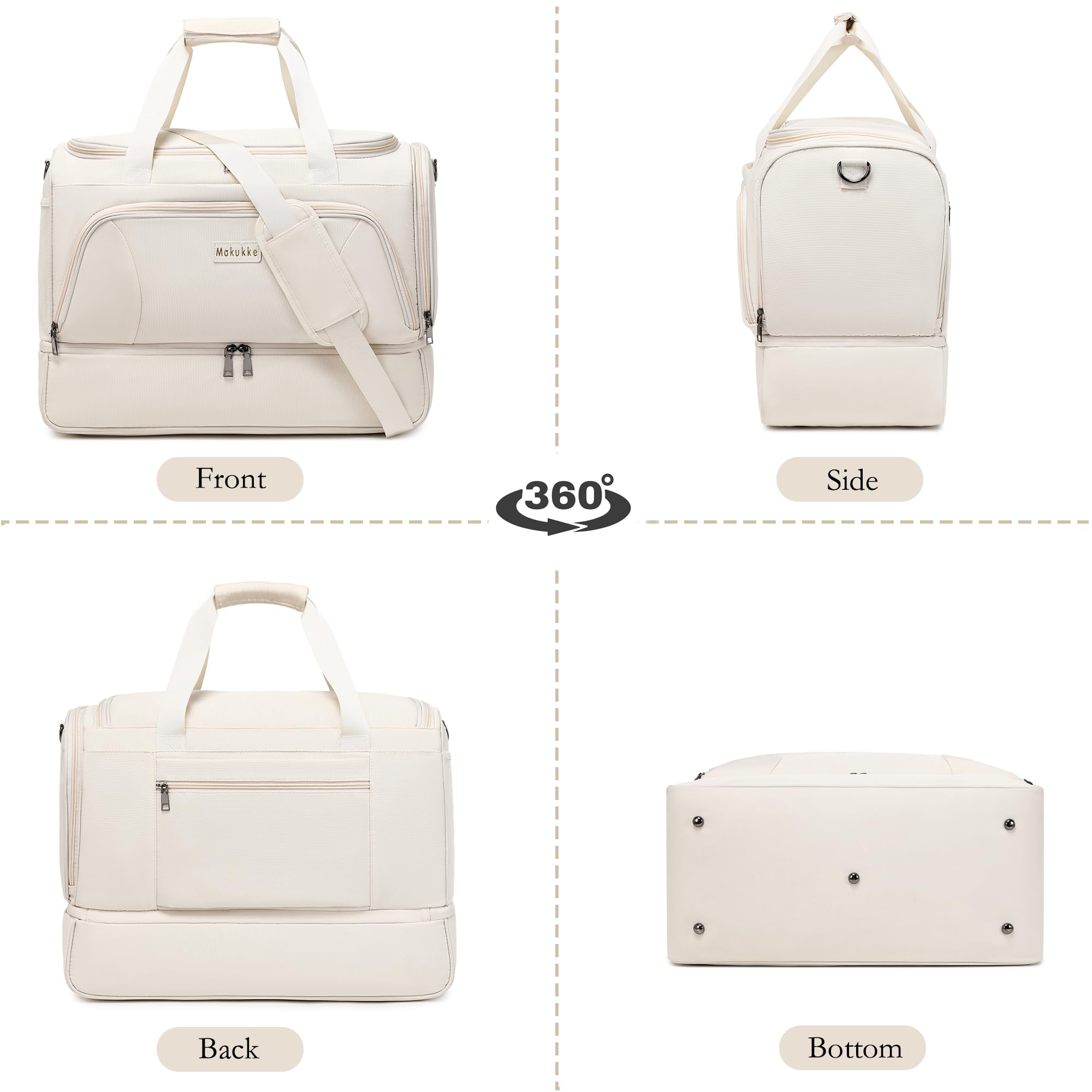 Makukke Weekender Overnight Bag for Women, Large Travel Carry on Duffle Bag with Shoe Compartment & Toiletry Bag, Sports Tote Gym Bag, Beige Weekender Bag