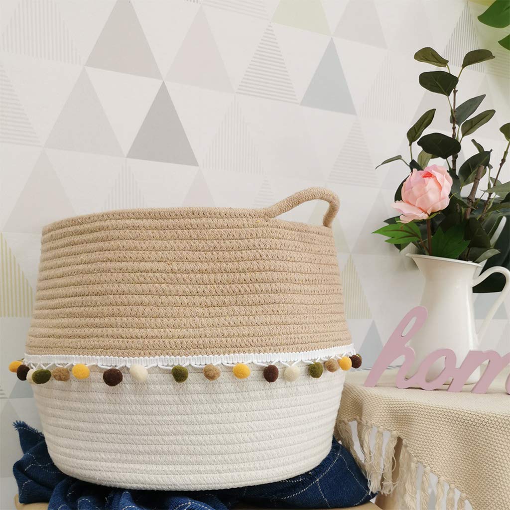OldPAPA Cotton Rope Storage Basket, Nursery Storage Baskets with Pom Pom Cute Round Basket with Handles Decorative Gift for Nursery Hamper, Baby Toys, Towels
