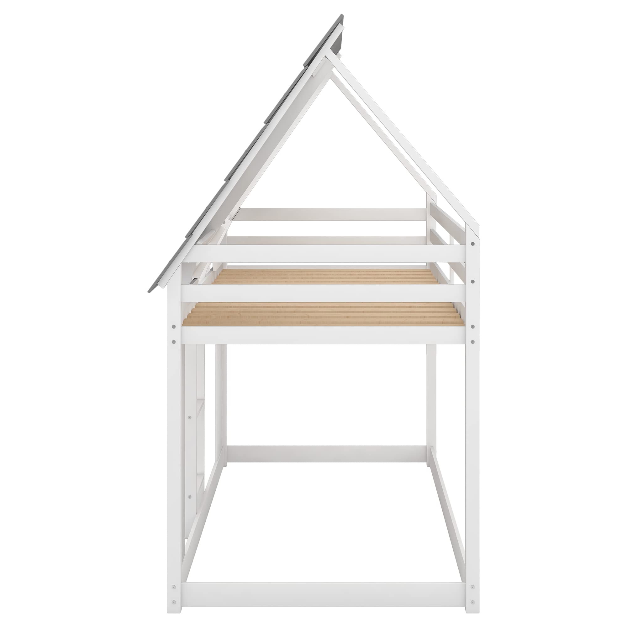 LZ LEISURE ZONE Twin Loft Bed, Low Loft Bed Twin Size, Wood Twin House Bunk Bed with Roof and Built-in Ladder, No Box Spring Needed, White+Gray