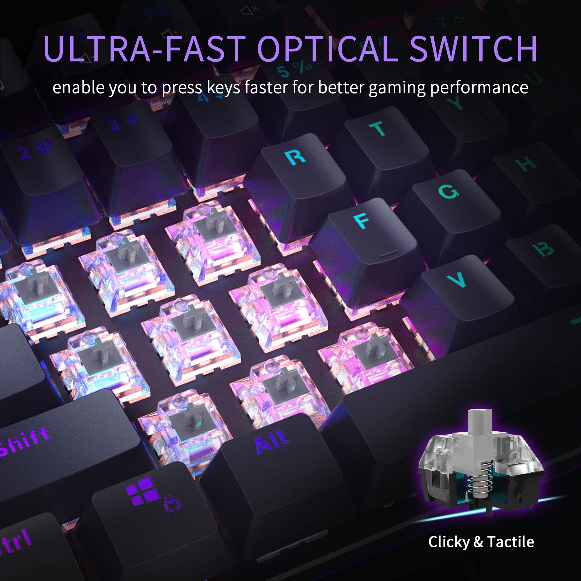 POWZAN Mechanical Optical Gaming Keyboard Wired - RGB LED Rainbow Backlit Light Up Key with Tactile and Clicky Blue Switch for Computer, Windows PC Gamers - 104 Keys Full Size, Aluminum Black