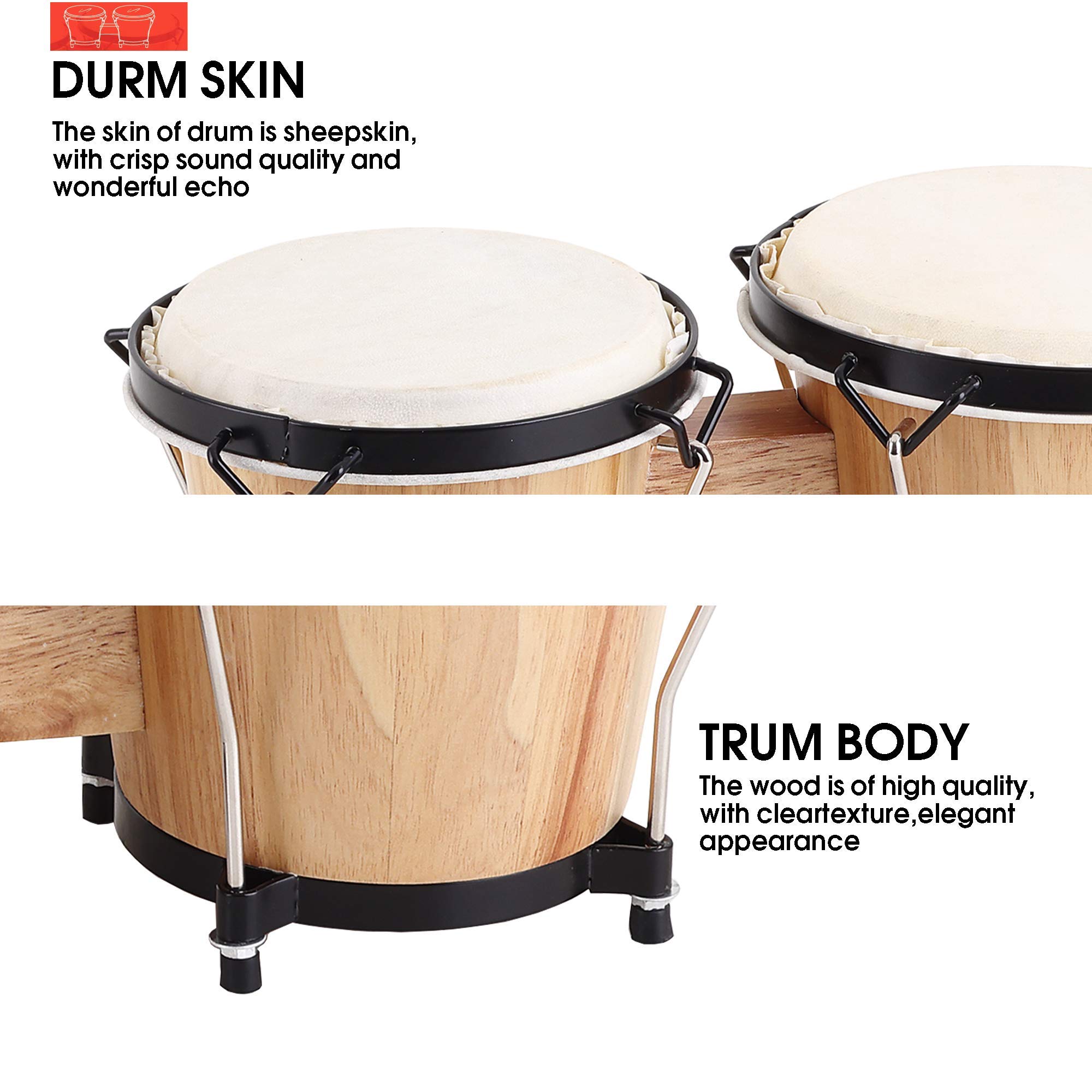 NXWVPC Bongo Drums, 2 Set 6" and 7" Drum Set, Tunable Percussion Instruments Synthetic Metal Frame Construction Bongo Drum for Kids Adults Beginners with Travel Bag and Tuning Wrench, Natural Finish
