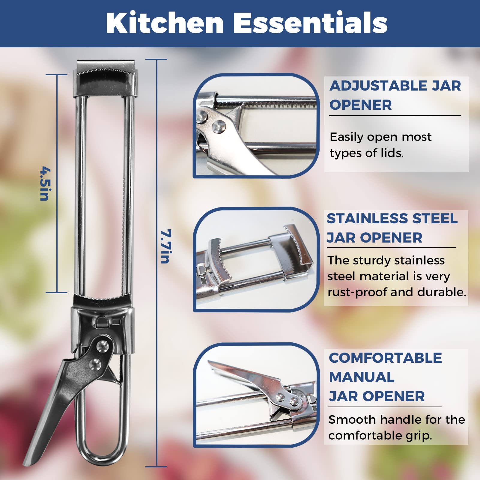 Liebedich Jar Opener for Weak Hands, Adjustable Jar Opener for Seniors with Arthritis, Stainless Steel Manual Jar Lid Opener and Bottle Opener Tool, Jar Gripper Kitchen Gadgets