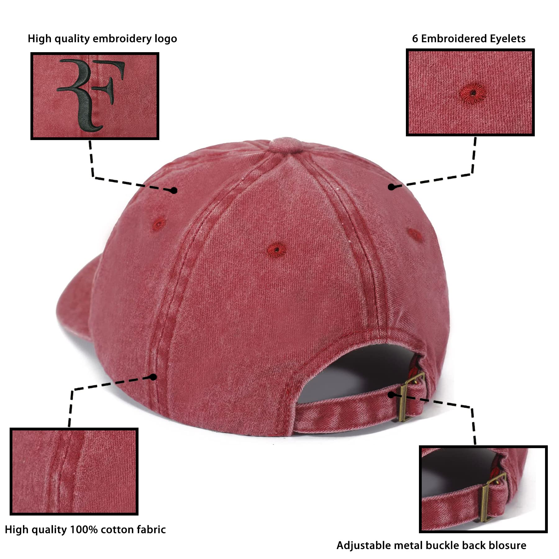 ROGER FEDERER Hat Embroidered Men's Women's Hat Adjustable Vintage Washed Denim Baseball Running Baseball Cap Natural