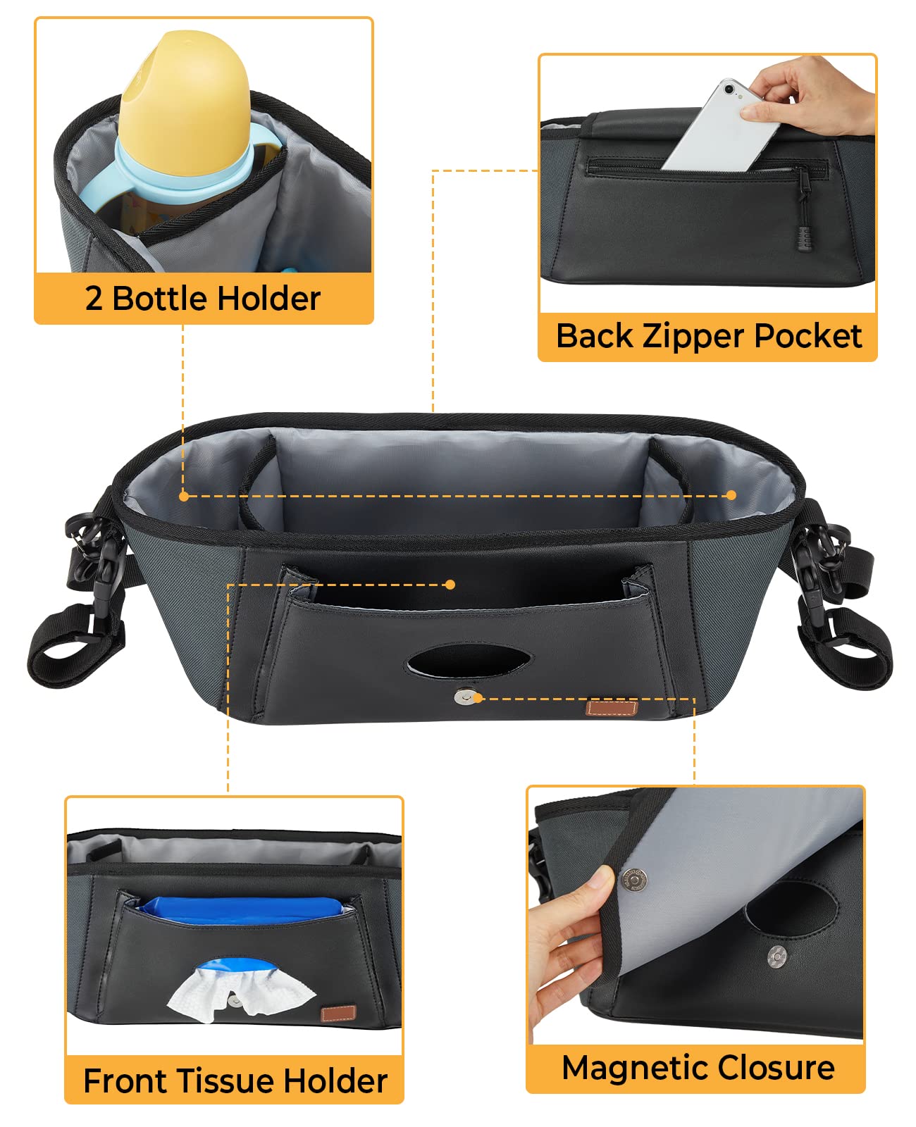 Wiicare Universal Stroller Organizer, Non-Slip Stroller Accessories Bag with Cup Holders, Shoulder Strap, Large Capacity for Bottle, Diaper, Phone, Toys Fit All Strollers