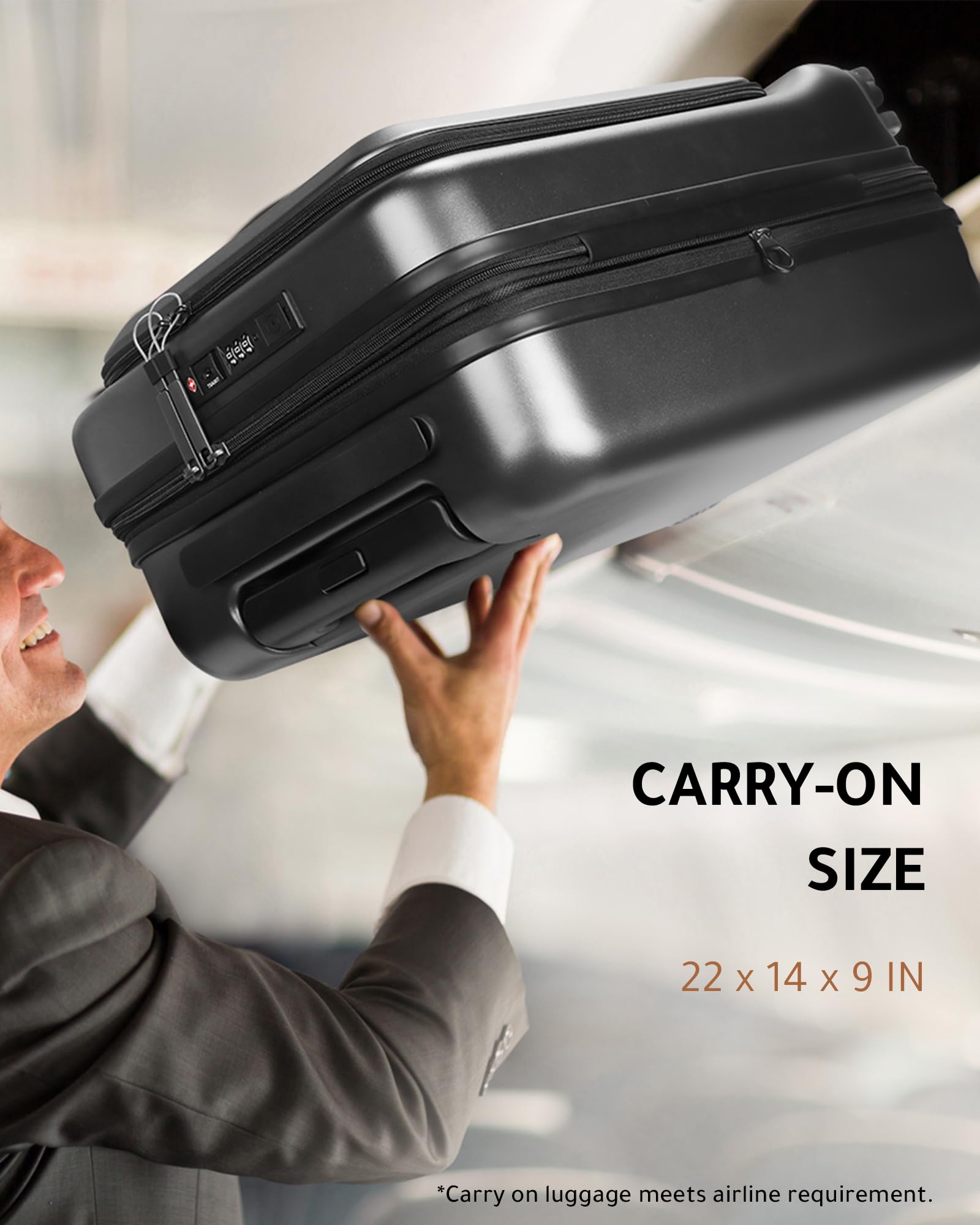 LUGGEX Carry on Luggage 22x14x9 Airline Approved, PC Hard Shell Suitcase with Front Pocket (Black, 20 Inch, 36L)