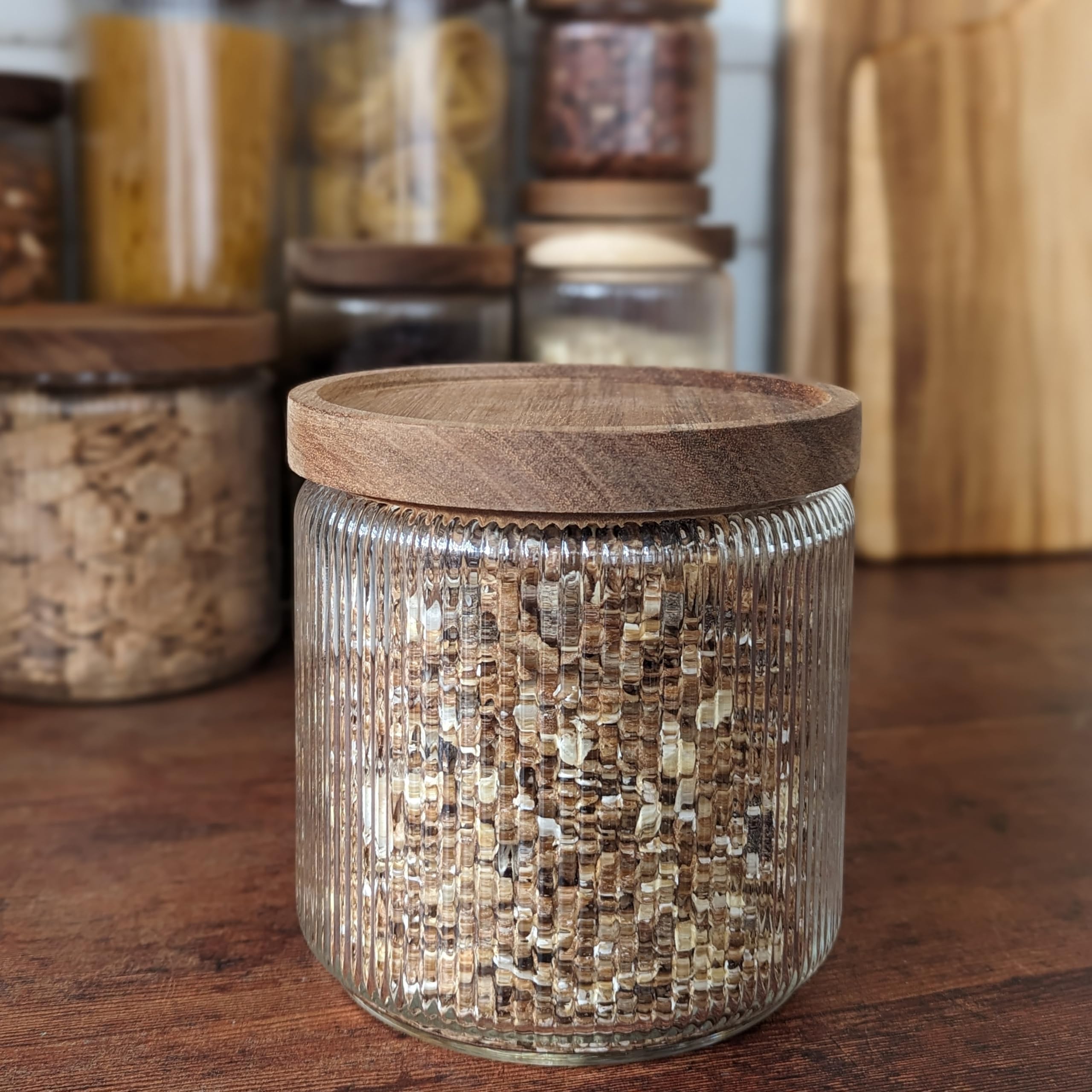 Mason & Fable 12 fl oz, 350ml Glass Food Storage Jars with Wood Lids (6pcs) - Stylish Ribbed Pattern for Kitchen Organization and Storage Containers for Spice, Tea, Coffee/Sugar