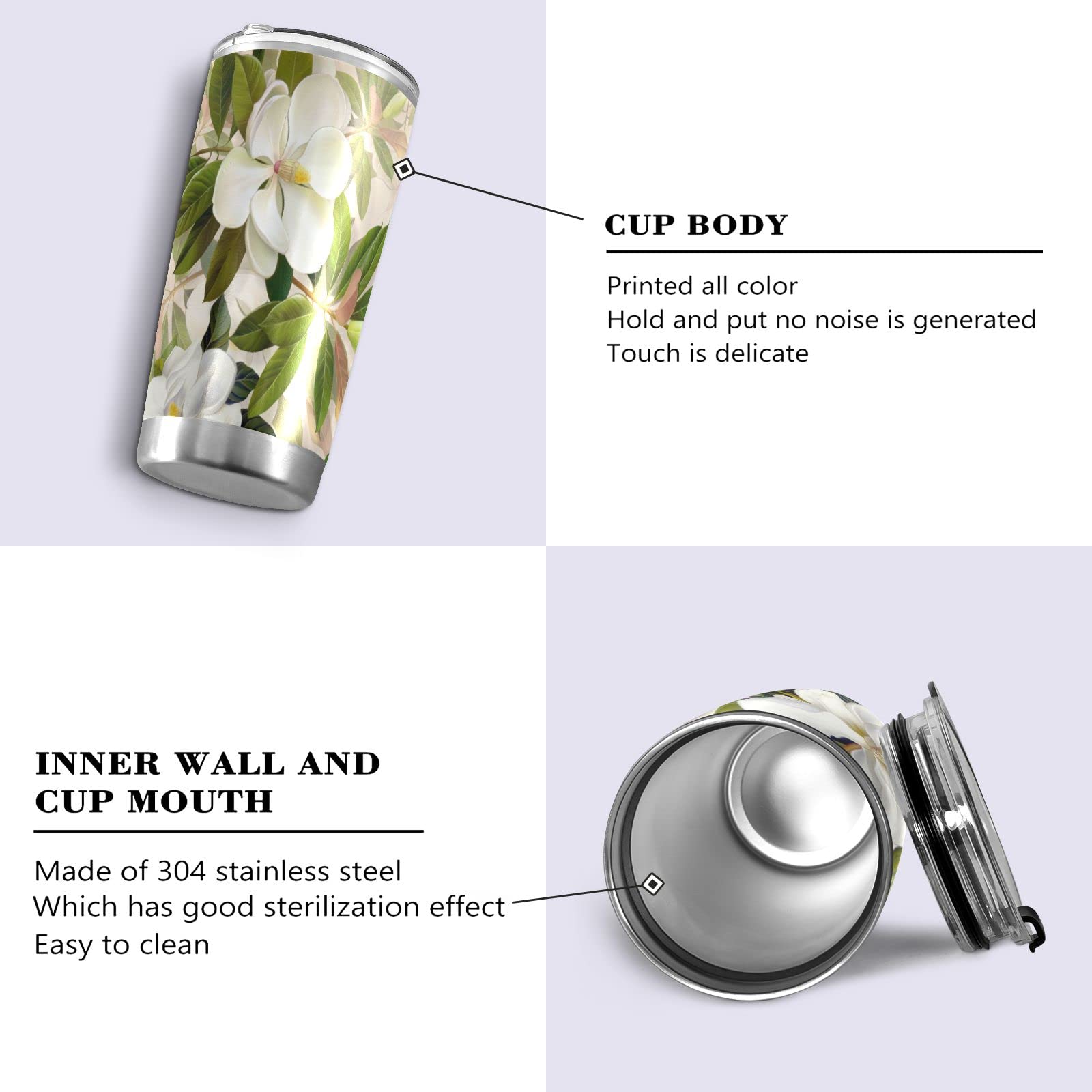 susiyo White Magnolia Flowers Insulated Cup 20 oz Double Wall Vacuum Stainless Steel Coffee Mug for Car