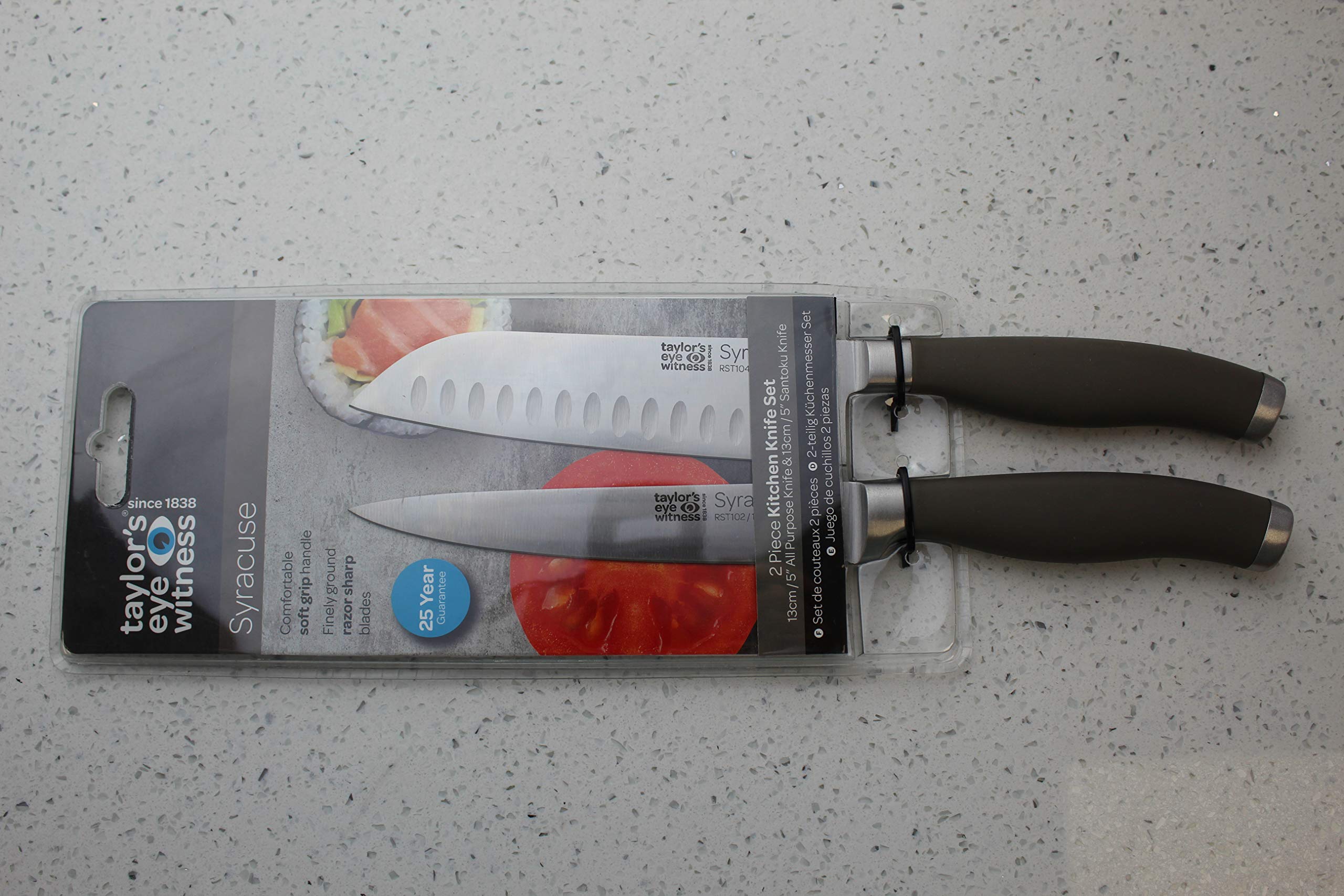 Taylors Eye Witness Syracuse Asian Kitchen Knife Set - Chefs Santoku 13cm/5β & Cooks All Purpose 13cm/5β Cutting Edge, Multi Use. Ultra Fine, Razor Sharp Blade. Soft Textured Grip Matte Black Handle.