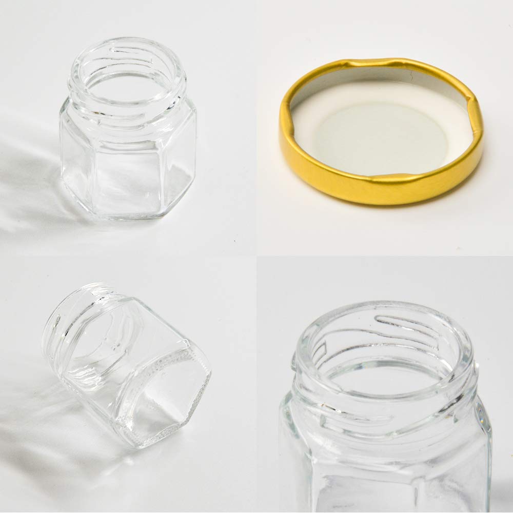 Rormket 1.5oz 6Pack Mini Glass Hexagon honey Jars Gold Lids, Jam Honey Dipper,Wedding Favors,Baby Food,Candle,Crafts Canning Jar,Glasses jar (Golden)