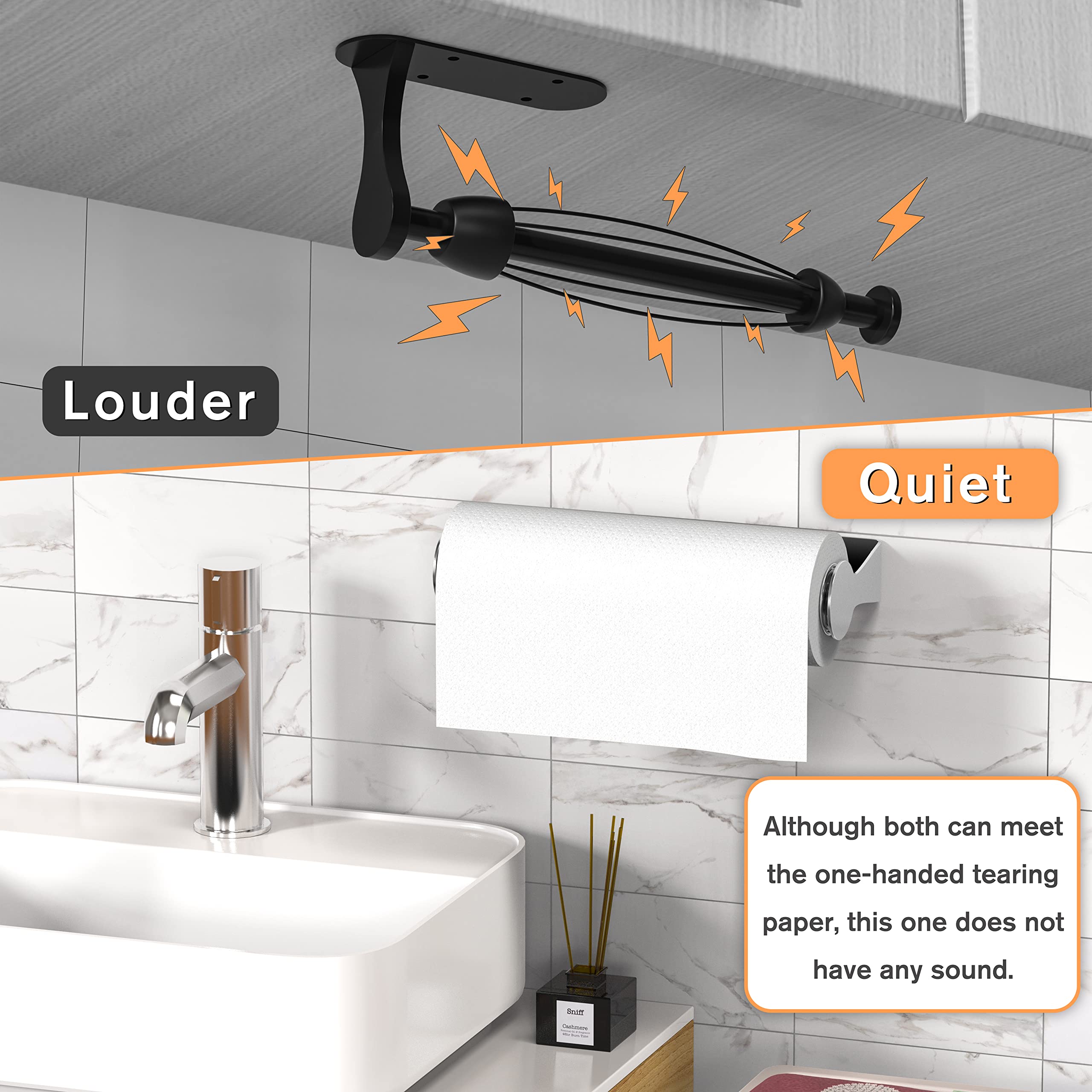 Paroto Paper Towel Holder Under Cabinet, One Hand Tear Adhesive Paper Towel Holder Wall Mount with Ring Spring, Stainless Steel Paper Holder Rack for Kitchen Bathroom