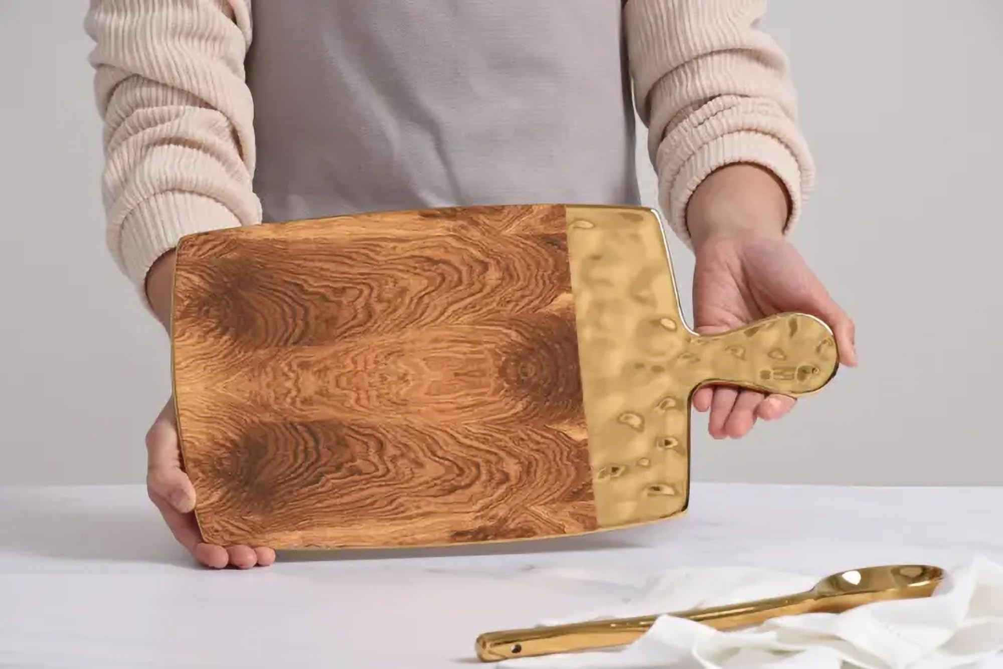 Pampa Bay Wood Look Titanium-Plated Porcelain Rectangular Serving Board, 15.5 x 8 Inch, Gold/White/Wood look