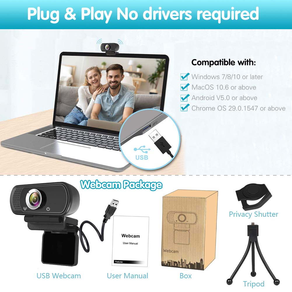 Webcam HD 1080p ,Live Streaming Web Camera with Stereo Microphone, PC Desktop or Laptop USB Webcam with 110 Degree View Angle, HD Webcam for Video Calling, Recording, Conferencing, Streaming, Gaming
