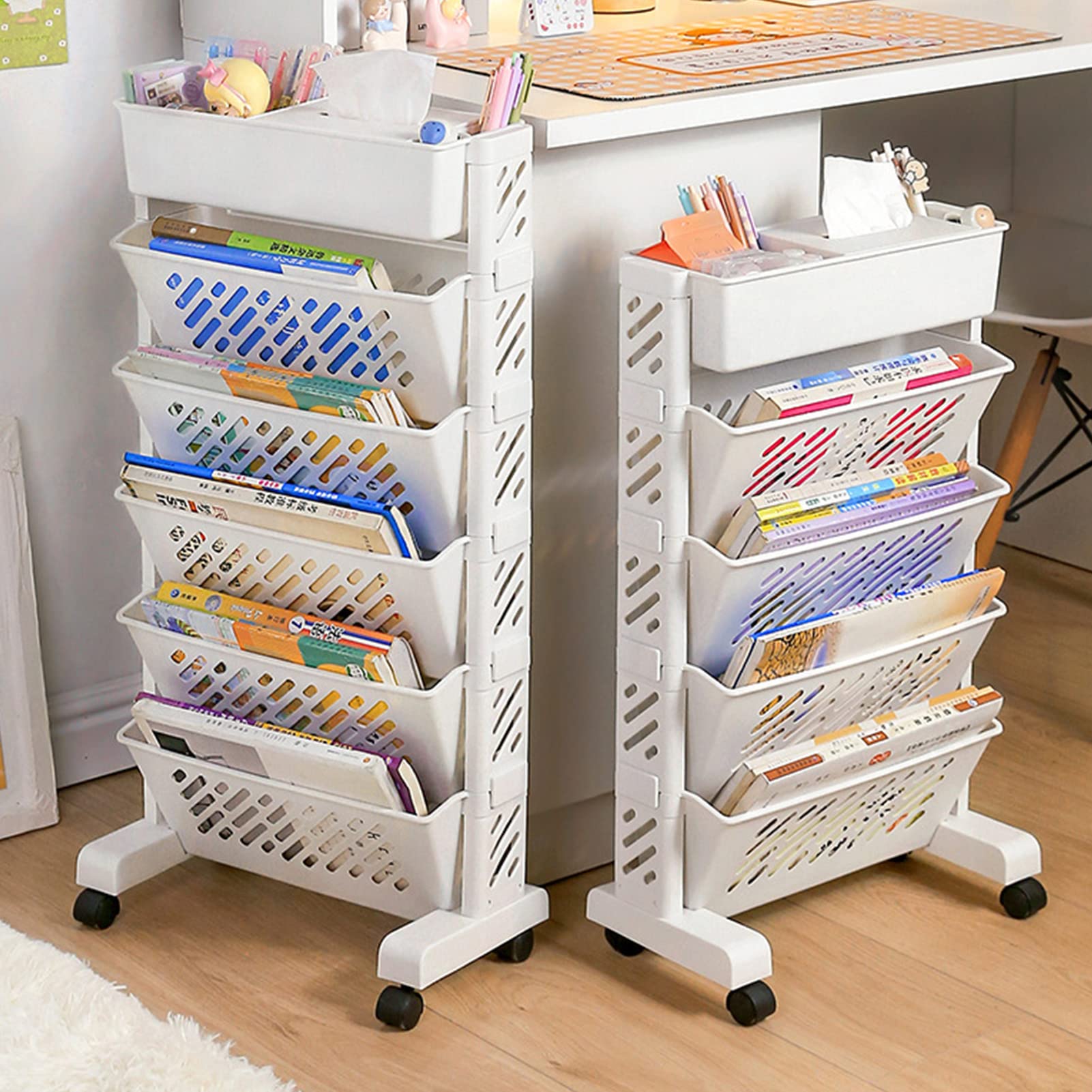 Movable Bookshelf Cart Rotatable Removable Plastic Multifunctional Rolling Cart Deskside Bookshelf Desk Organizer with Wheels (6 Layer)