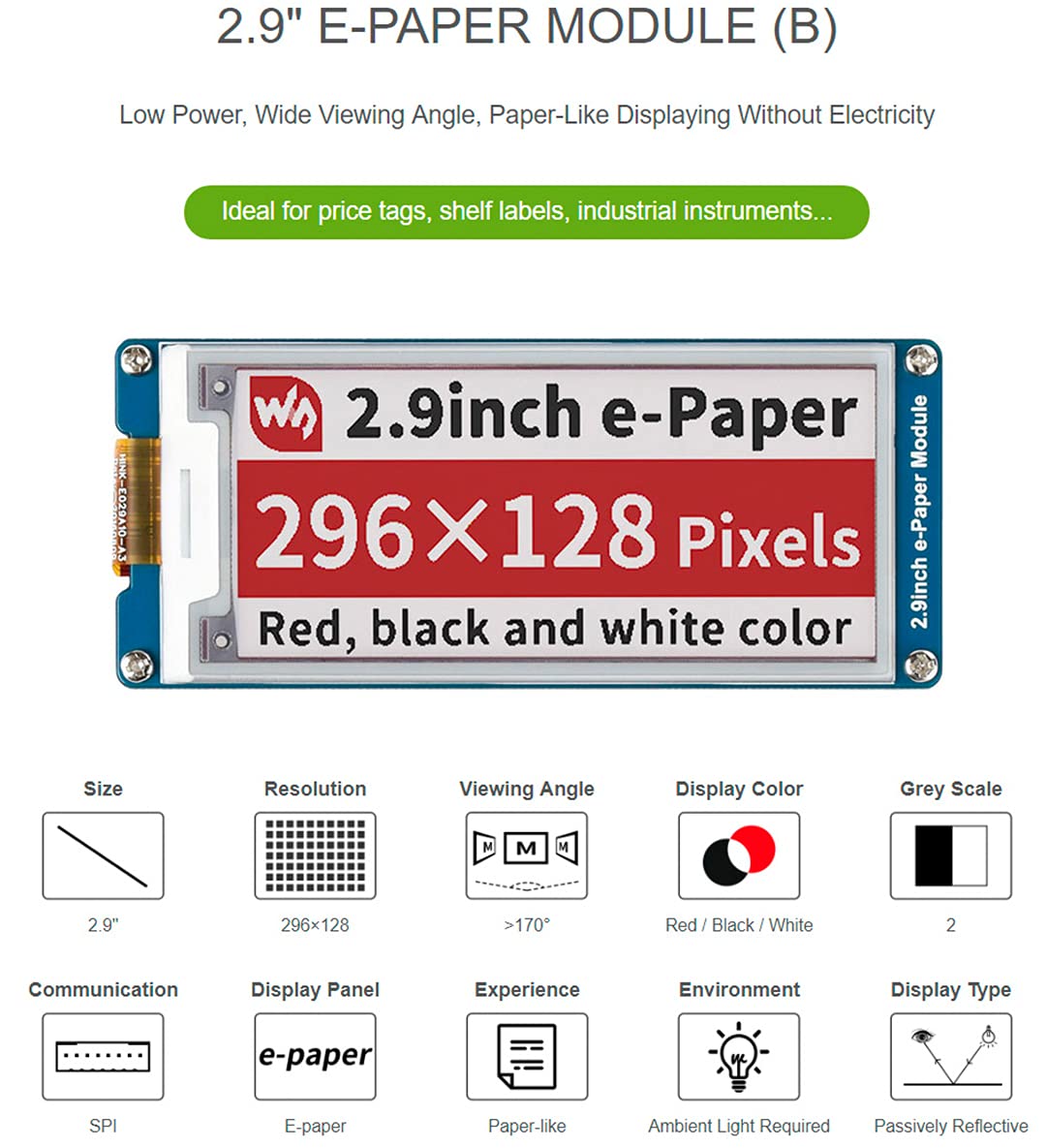 waveshare 2.9inch e-Pape Display Module for Raspberry Pi 4B/3B+/3B/2B/Zero/Zero W/PIZero 2 W/WH/Jetson Nano/forArdui/Nucleo, 296×128 Pixels Red Black White Three Color SPI E-Ink Screen Full Refresh