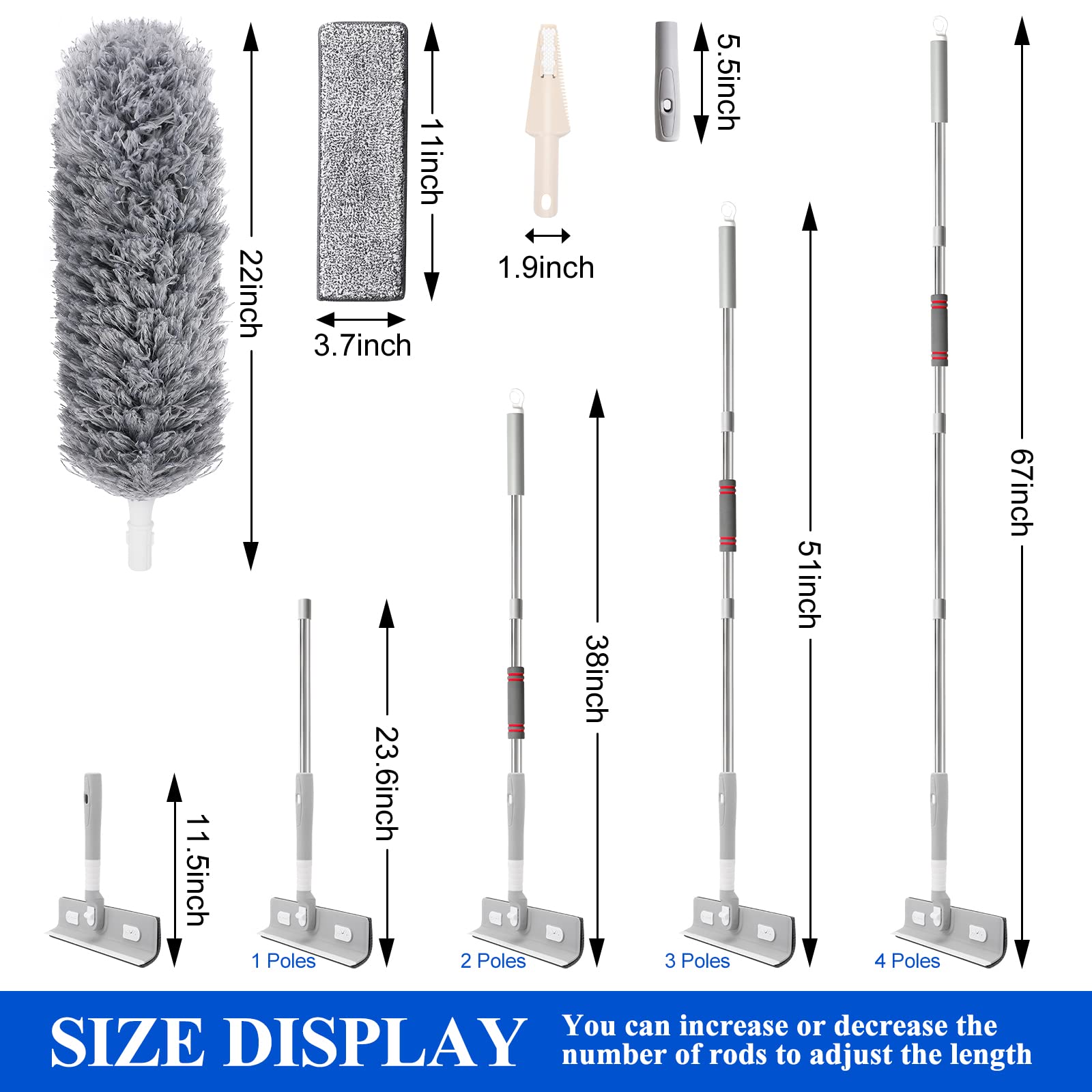 Window Squeegee Cleaner 2 in 1 Rotatable Window Cleaning Tool Kit with Extension Pole, Window Washing Equipment Includes 1 Dusting Attachments, for Indoor/Outdoor Car Glass, High Window Cleaning