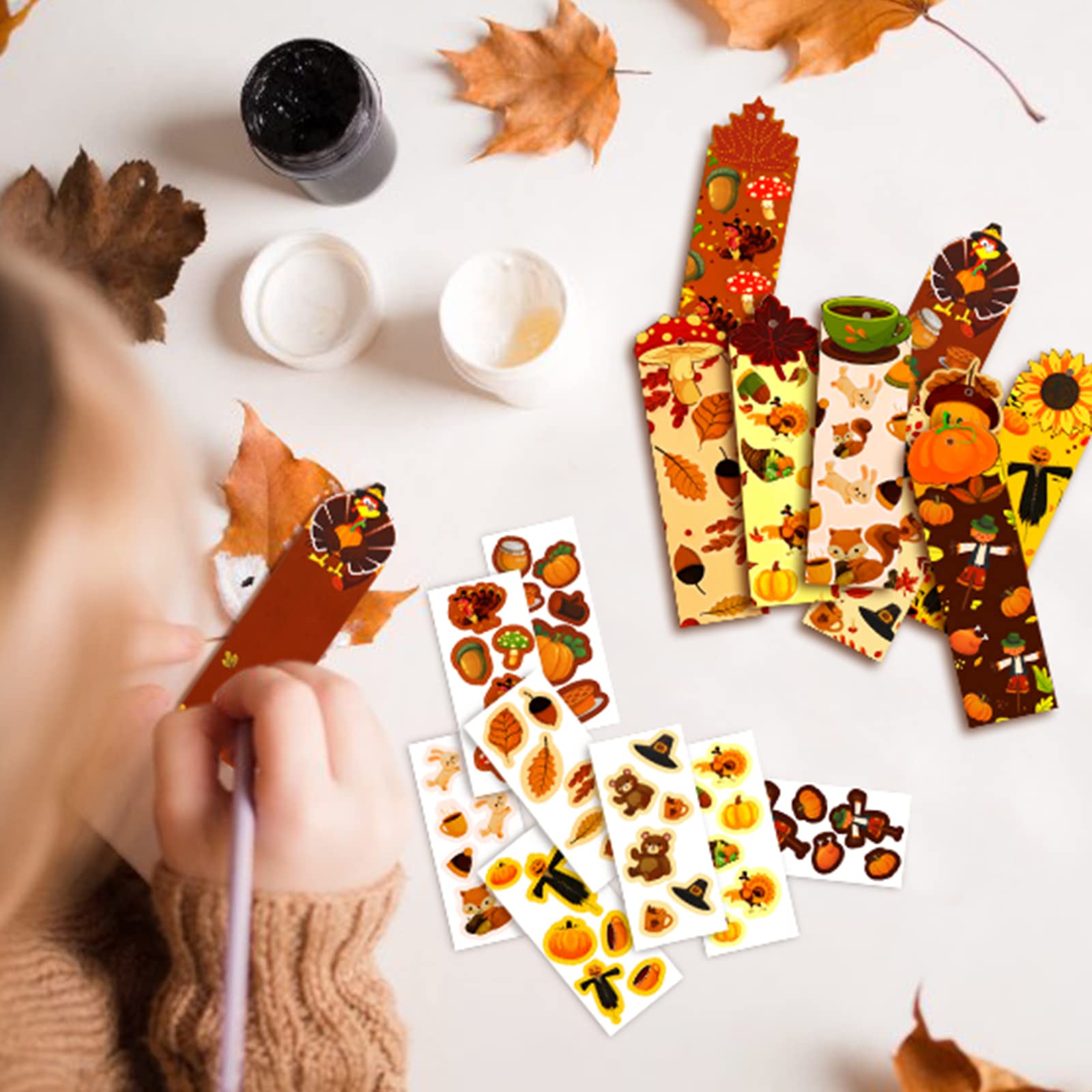 Spiareal 24 Sets Fall Decor Autumn DIY Bookmarks for Kids Thanksgiving Fall Craft Kits Paper Blank Bookmarks Art Set with Maple Leaves Turkey Acorn Mushroom Sunflower Pumpkins Stickers for Art Kit